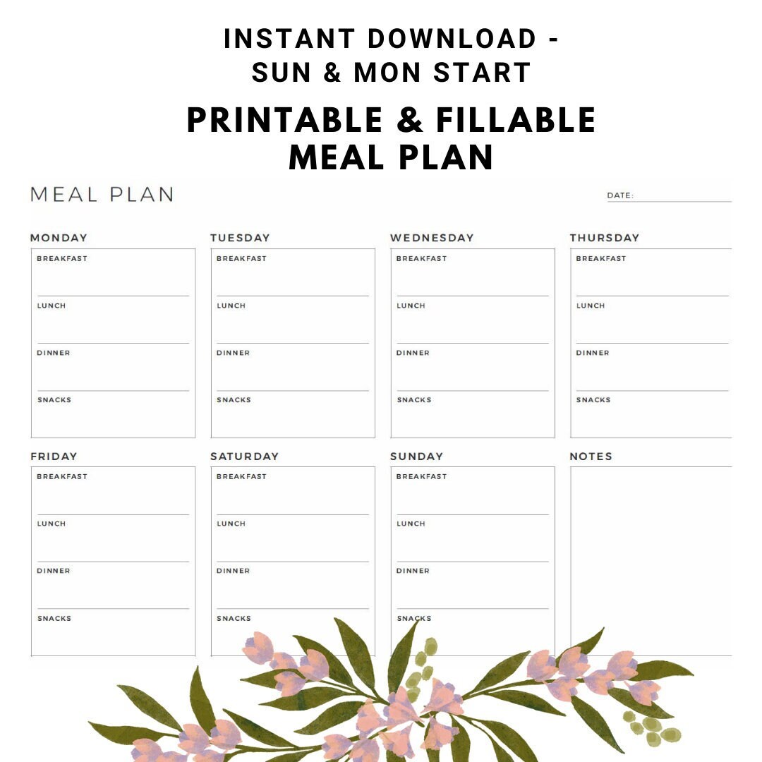 Meal Plan Tracker | Digital Download Printable & Fillable Checklist - Etsy