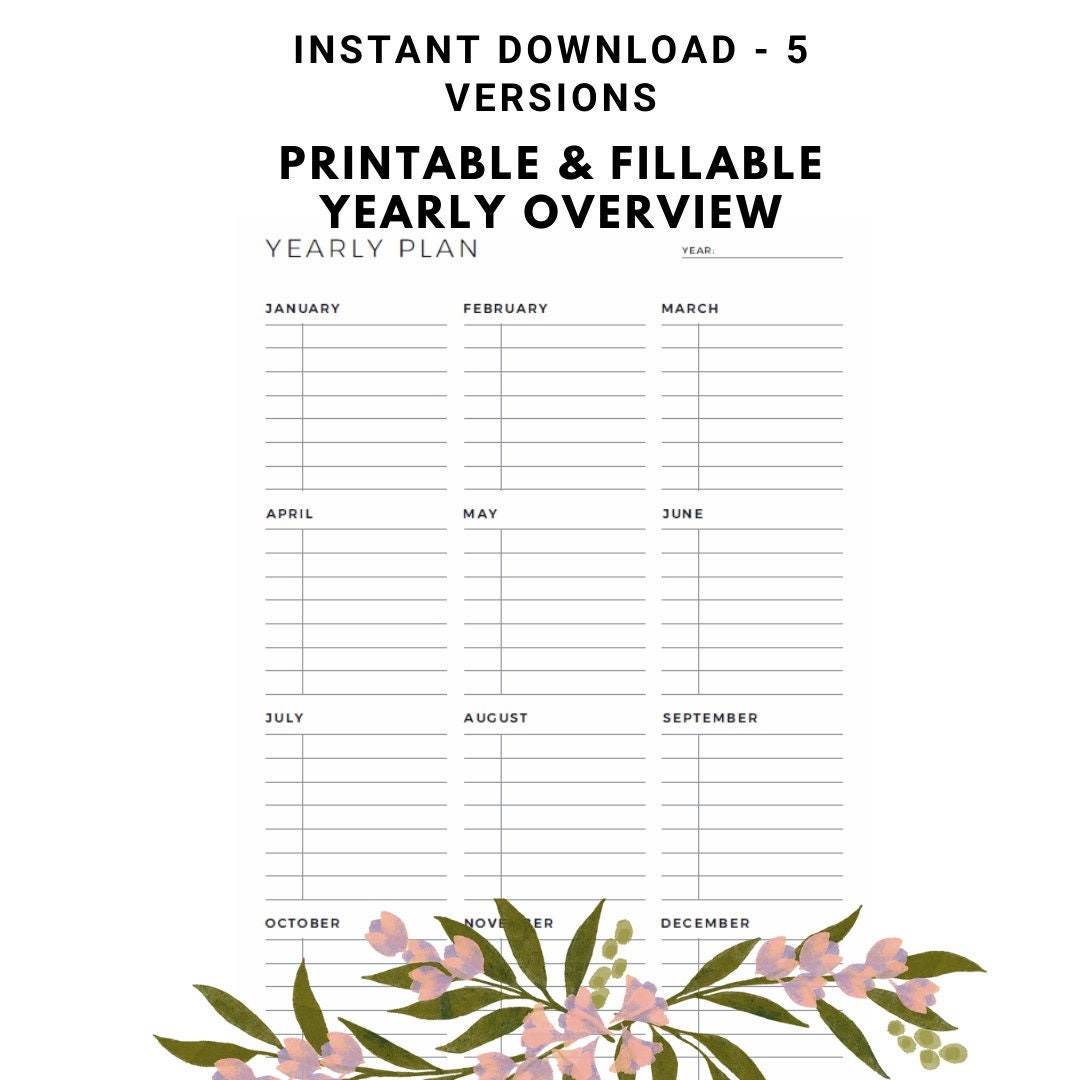 Yearly Planning Tracker | Annual Overview | Digital Download Printable ...