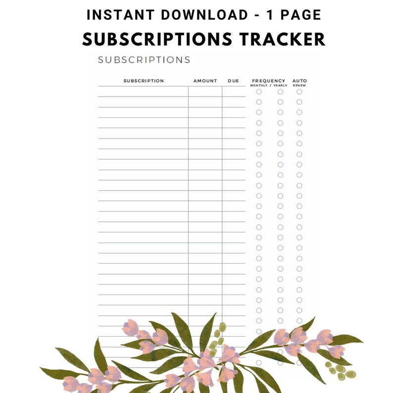 Subscription Tracker | Digital Download Printable & Fillable Checklist ...