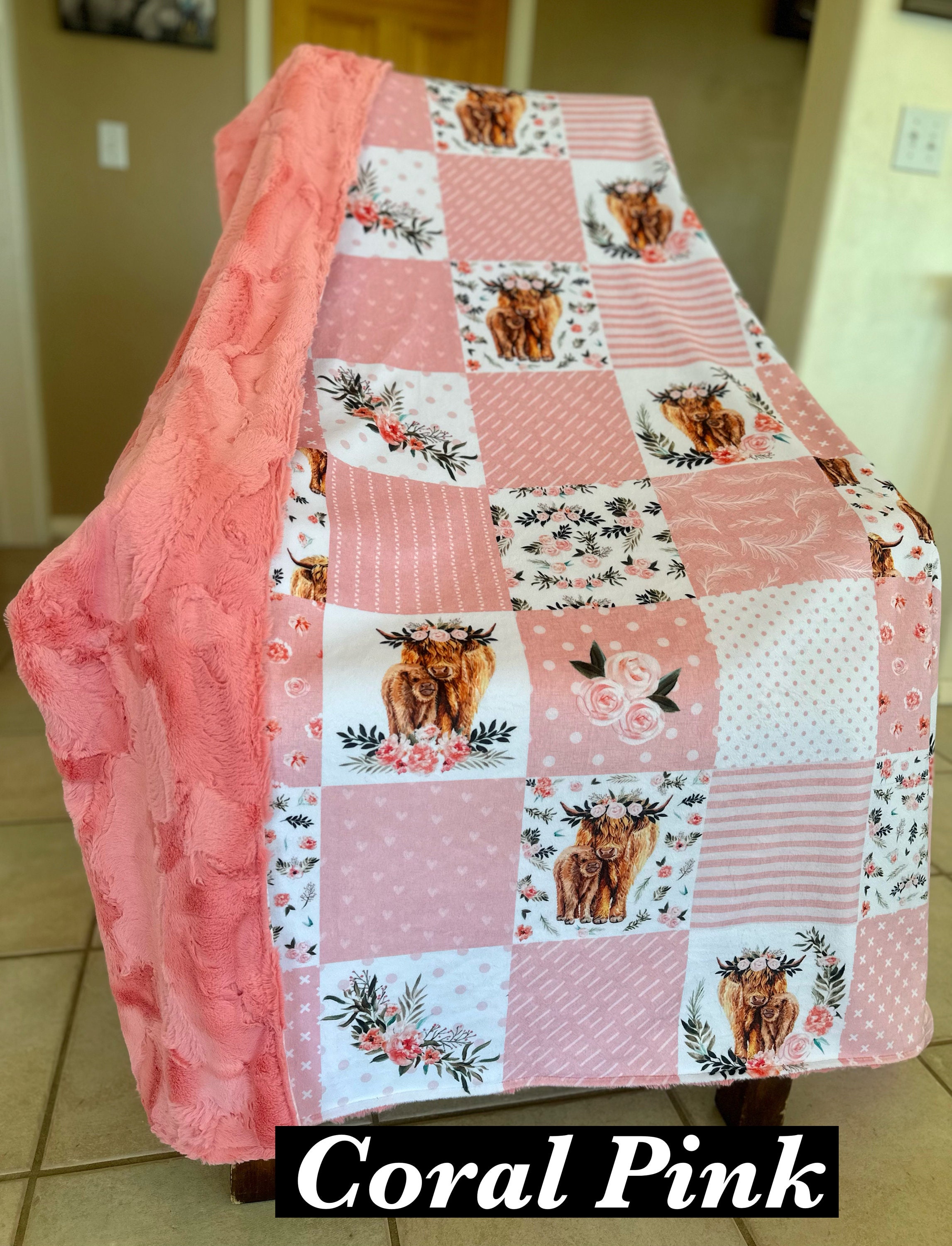 Spring Highland Cow Patchwork Minky Blanket // Highland Cow, Highlander ...