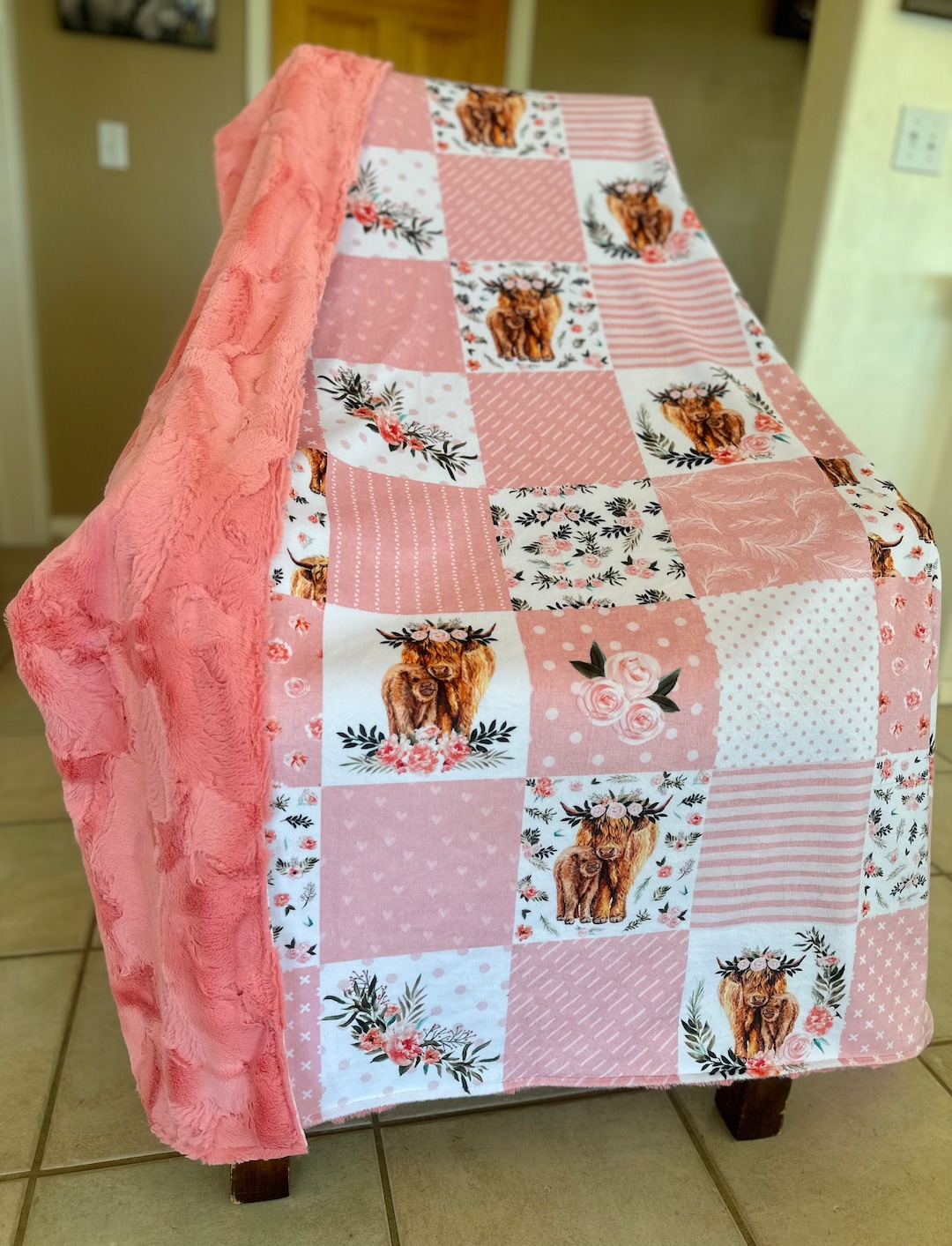 Spring Highland Cow Patchwork Quilt Minky Blanket // Highland Cow ...