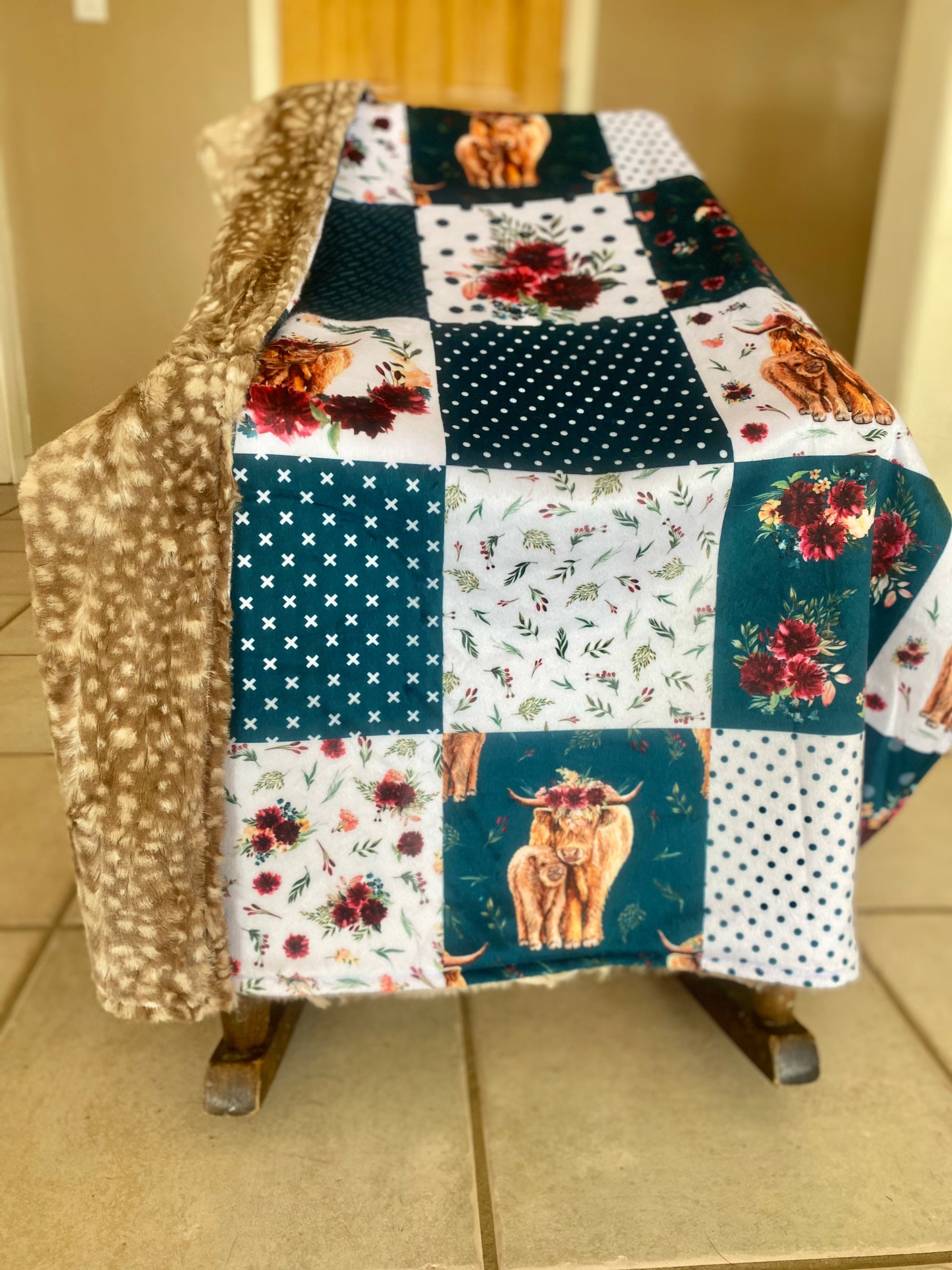 Floral Highland Cow Patchwork Blanket // Highlander Cows, Highland Coo ...