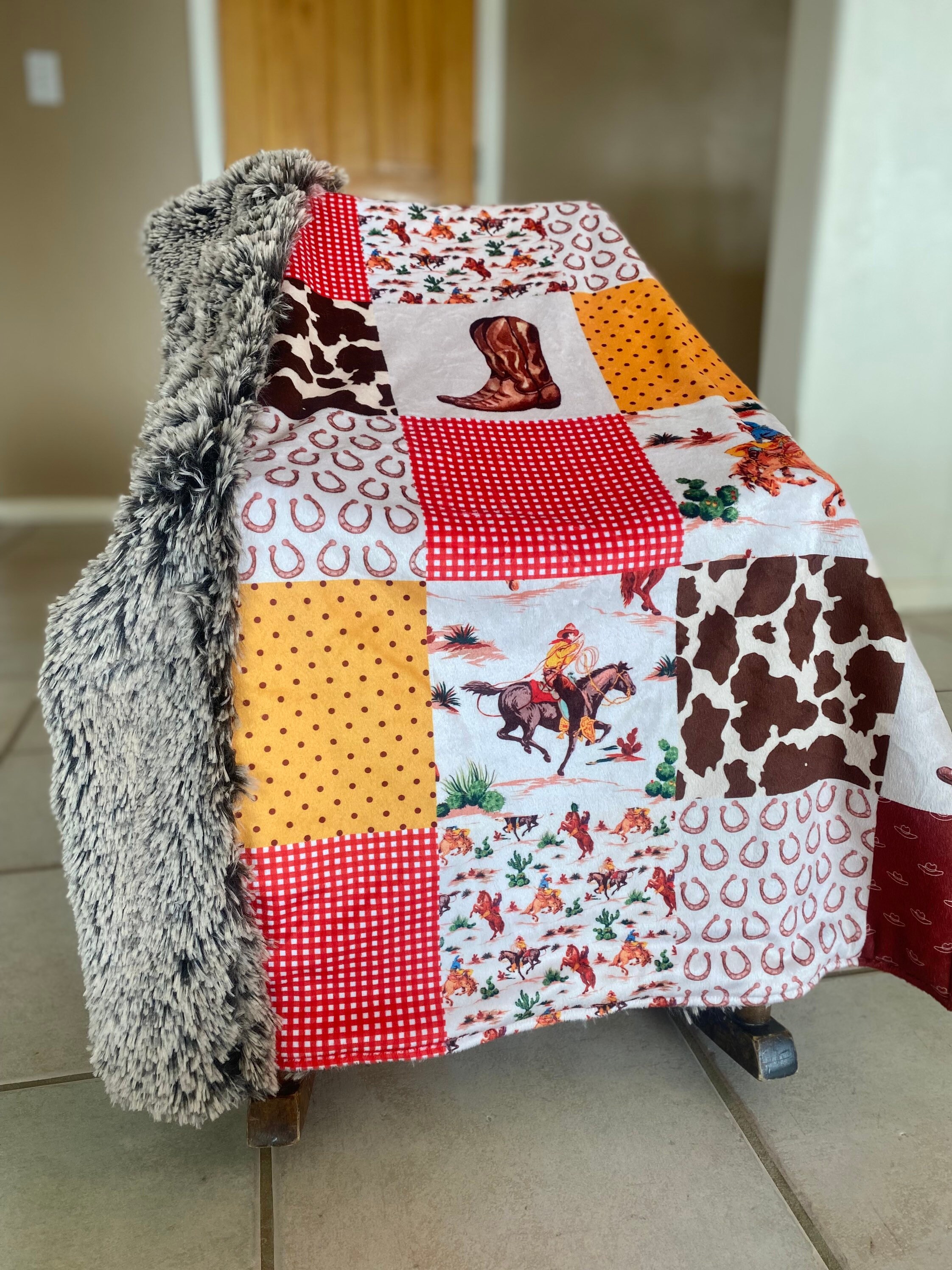 The Retro Cowboy Quilt Minky Blanket - Etsy