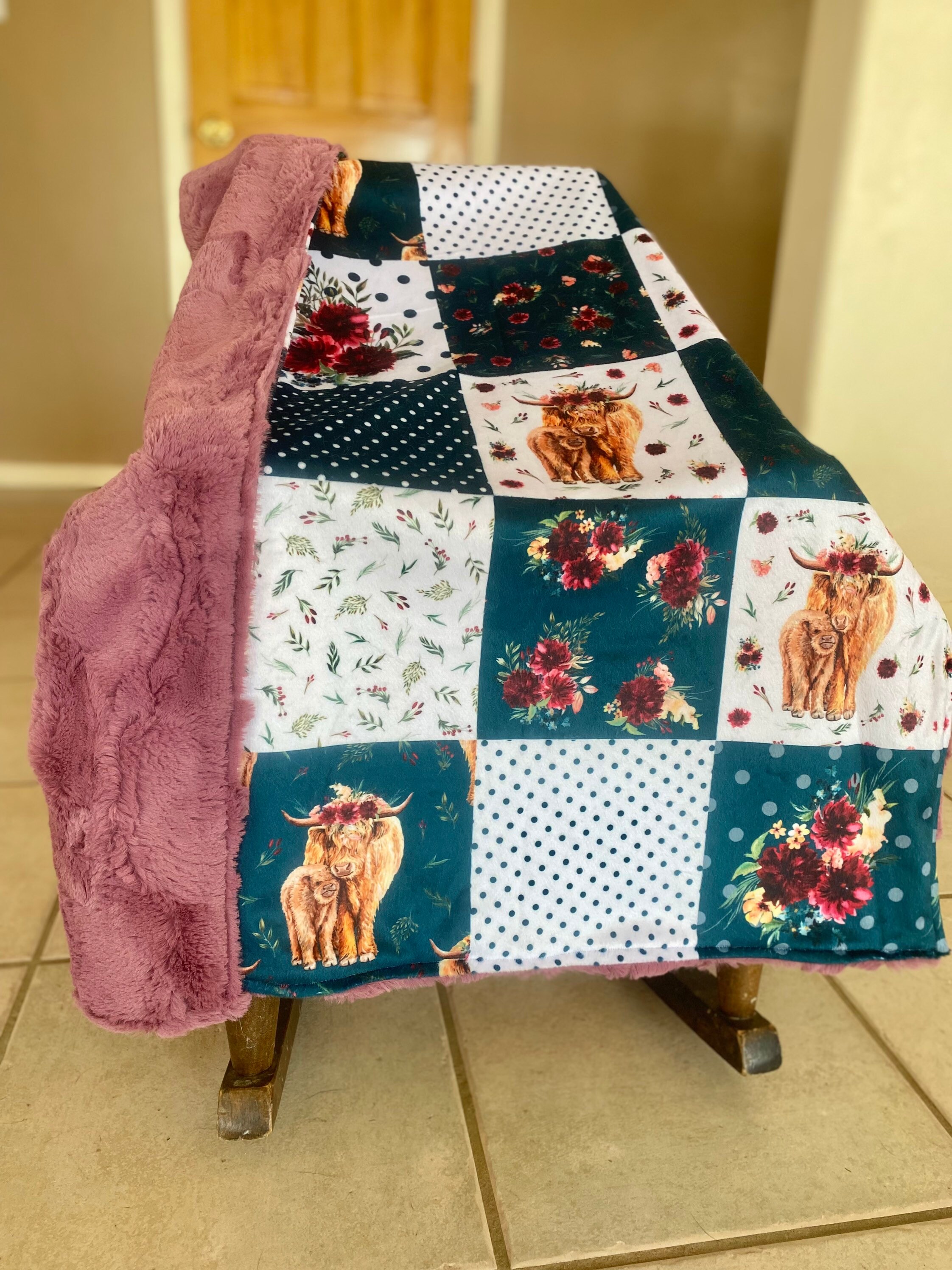 Floral Highland Cow Patchwork Blanket | Etsy