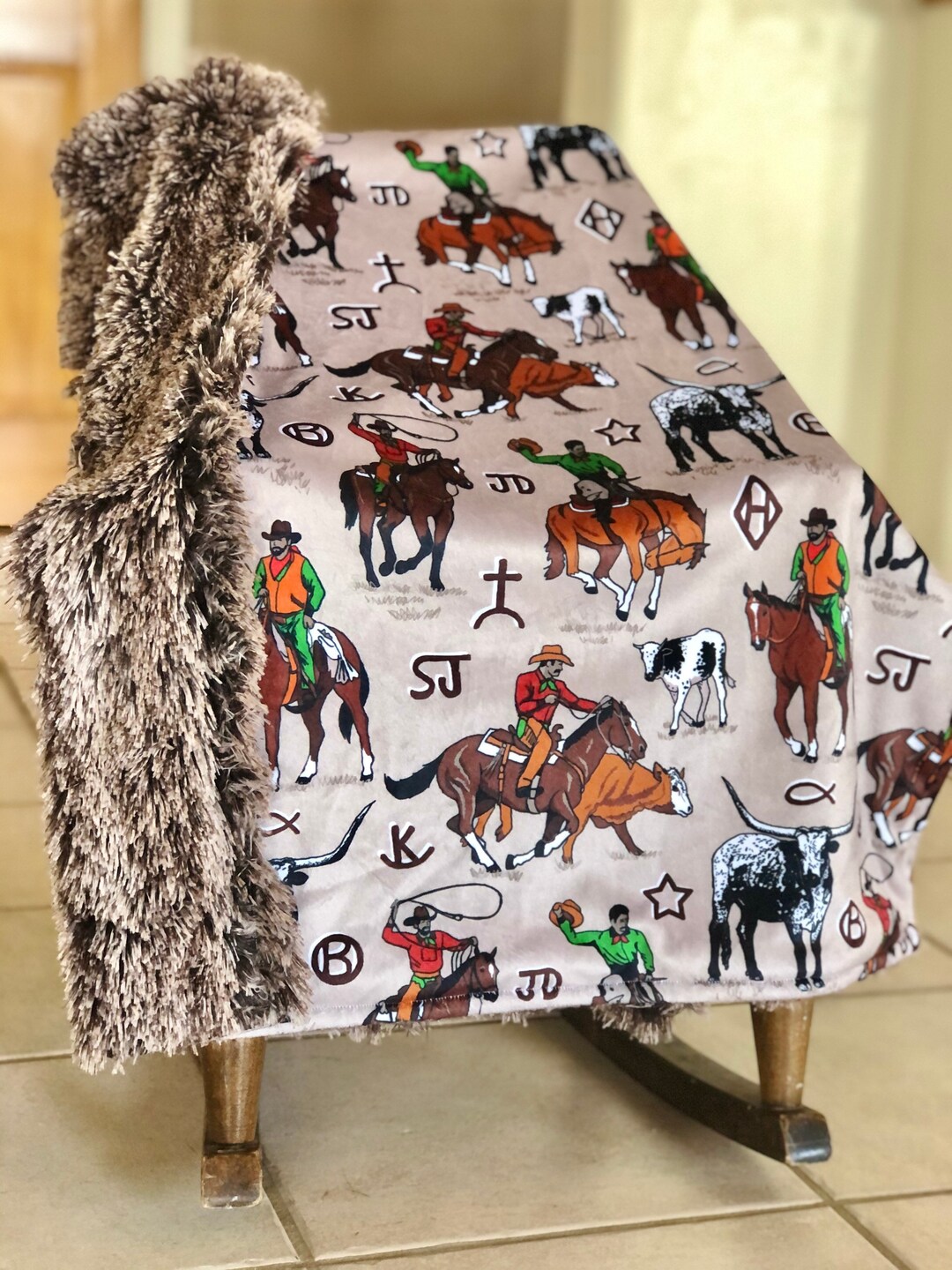 The Working Ranch Cowboy Blanket on Tan Minky - Etsy