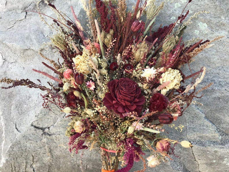 Victorian Bridal Bouquet Dried Flowers Burgundy Rose Blush Strawflower ...