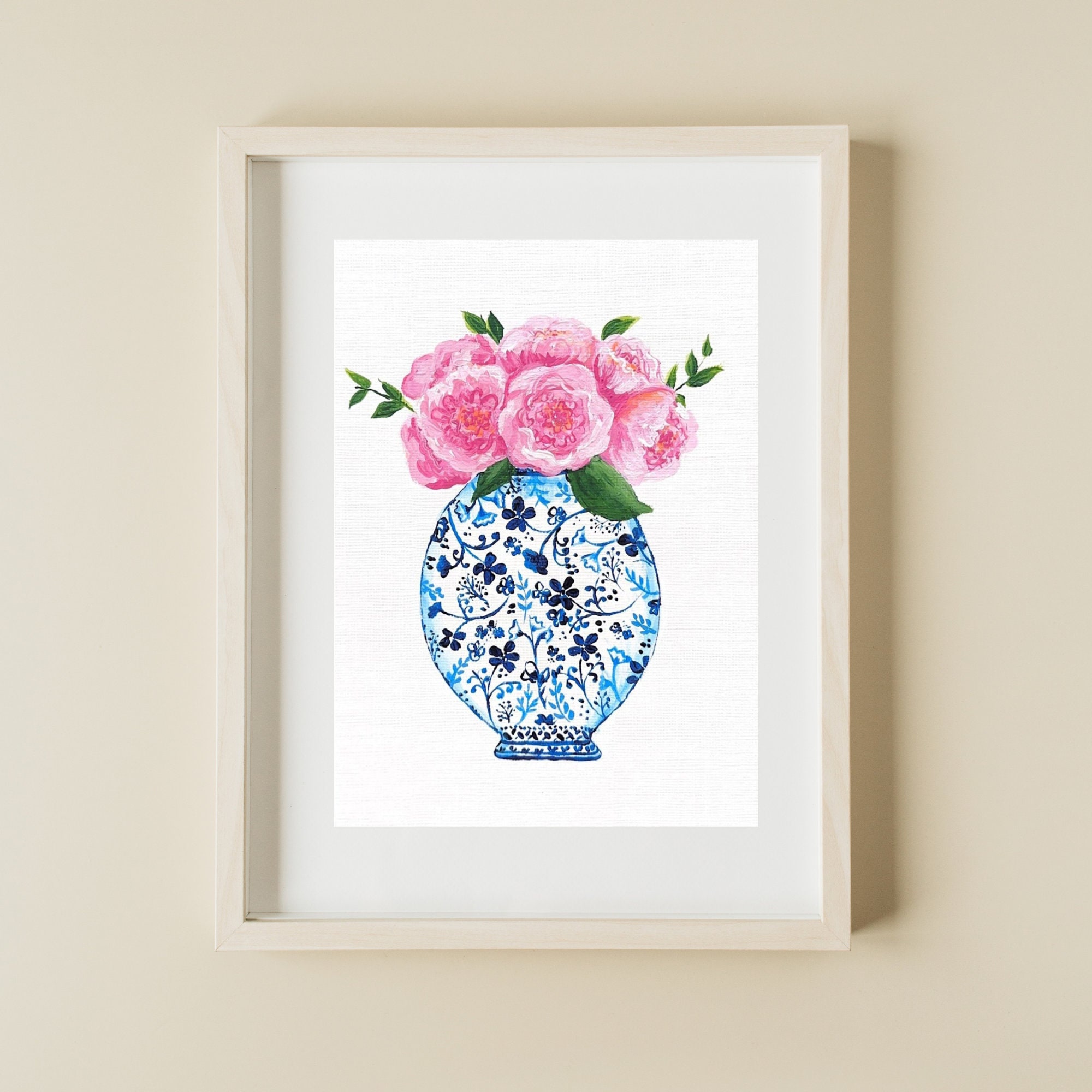 Printable Peonies Wall Art, Blue and White Vase Art, Chinoiserie Pink ...