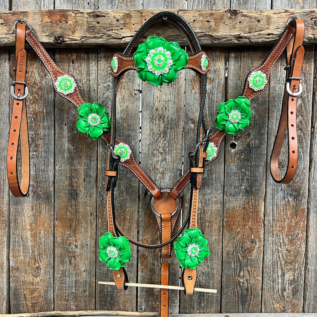 Light Oil Basketweave Neon Green - AB Browband/one Ear Tack Set # ...