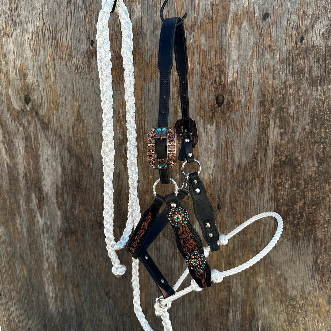 Floral Tooled Lariat & Leather Combo Halter LH104 - Etsy