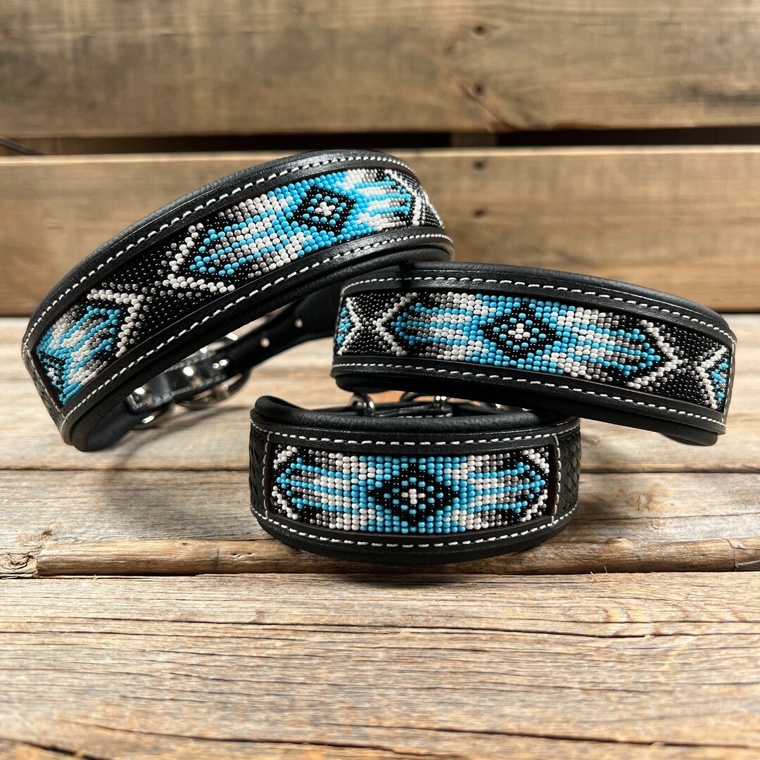 Tooled Light Blue Genuine Leather Beaded Dog Collar #DC441 - Etsy