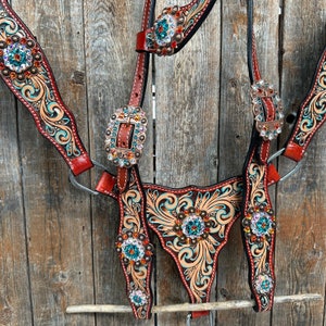 Rust Triangle Fire Opal and Teal One Ear/ Breastcollar Tack Set OEBC518 ...