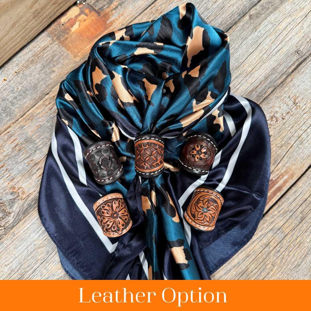 35x35 Teal Cheetah Wild Rag / Scarf Tooled Leather Wild Rag Slides ...