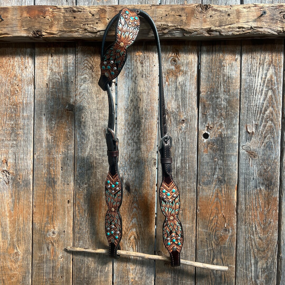 Two Tone Hand Painted Floral Turquoise One Ear Headstall / Bridle FK127 ...