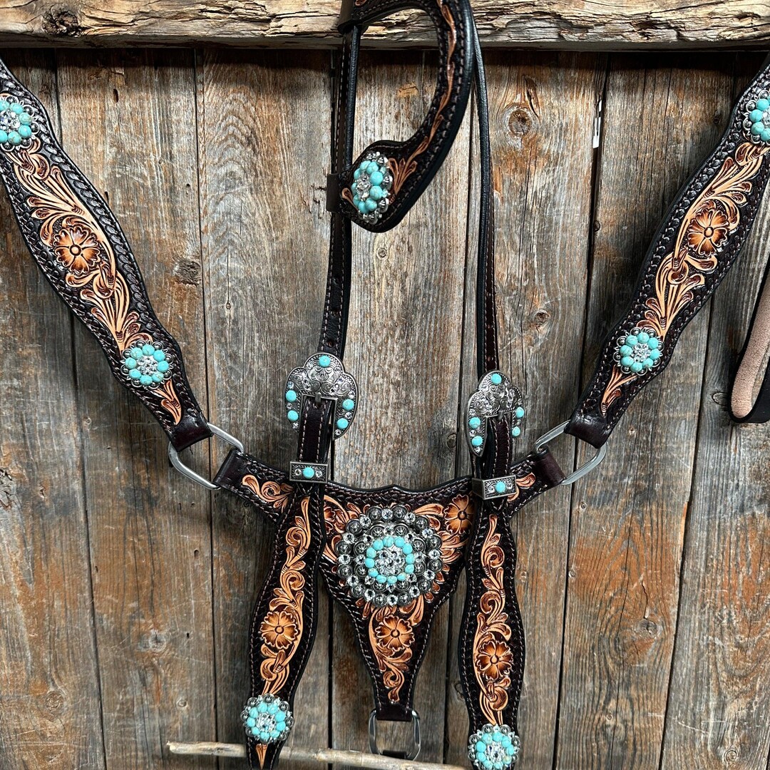 Two Tone Floral Triangle Turquoise and Clear One Ear / Gladiator Breastcollar Tack Set OEBC509 ...