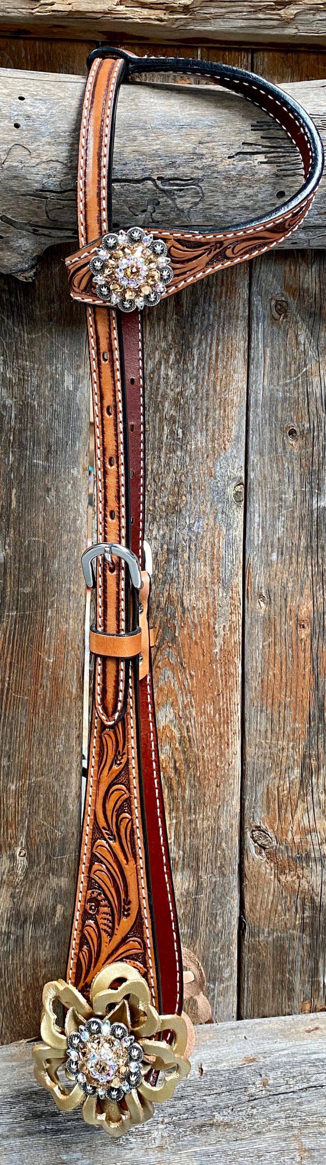 One Ear Headstall / Bridle Gold Flower & European Crystal Conchos OE243 ...
