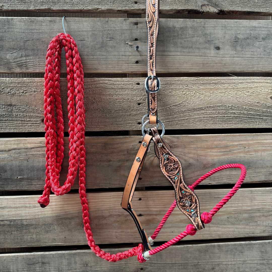 Red Floral Tooled Lariat & Leather Combo Halter - Etsy