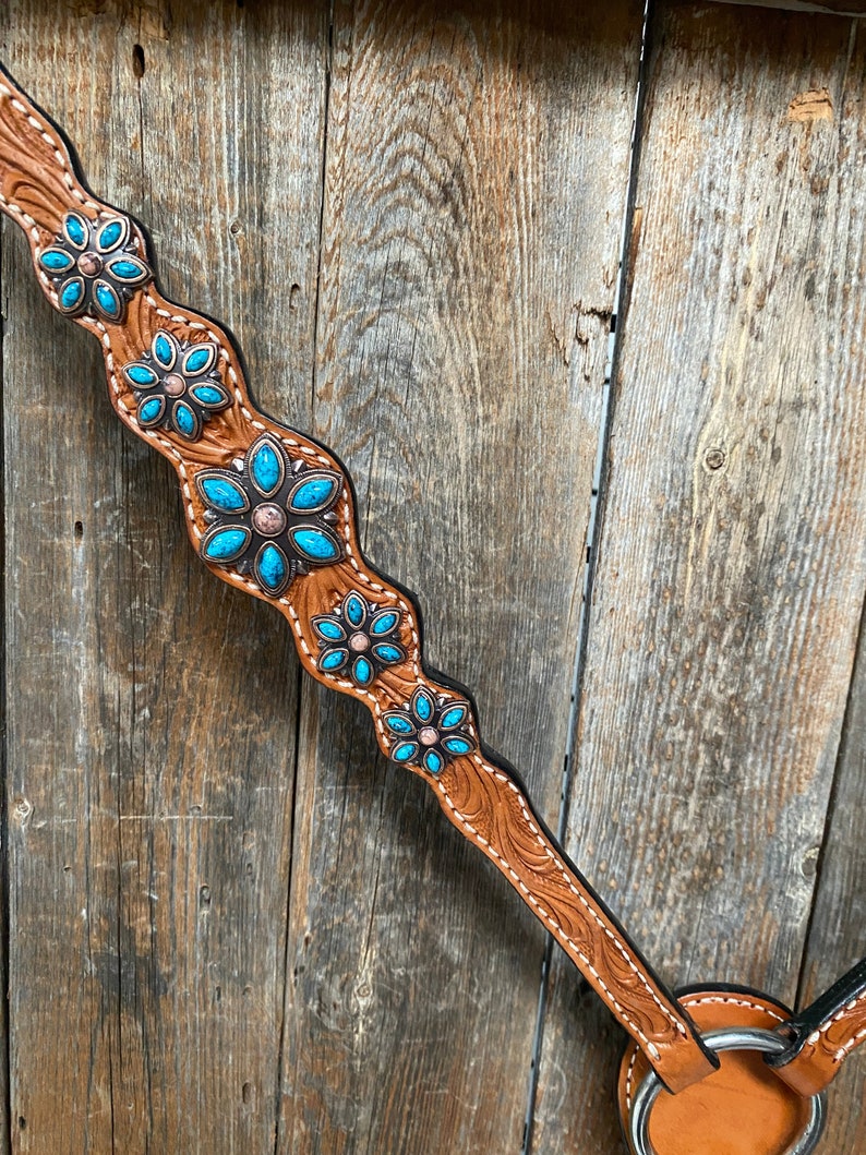 Light Floral Turquoise Browband/one Ear Tack Set With Wither | Etsy