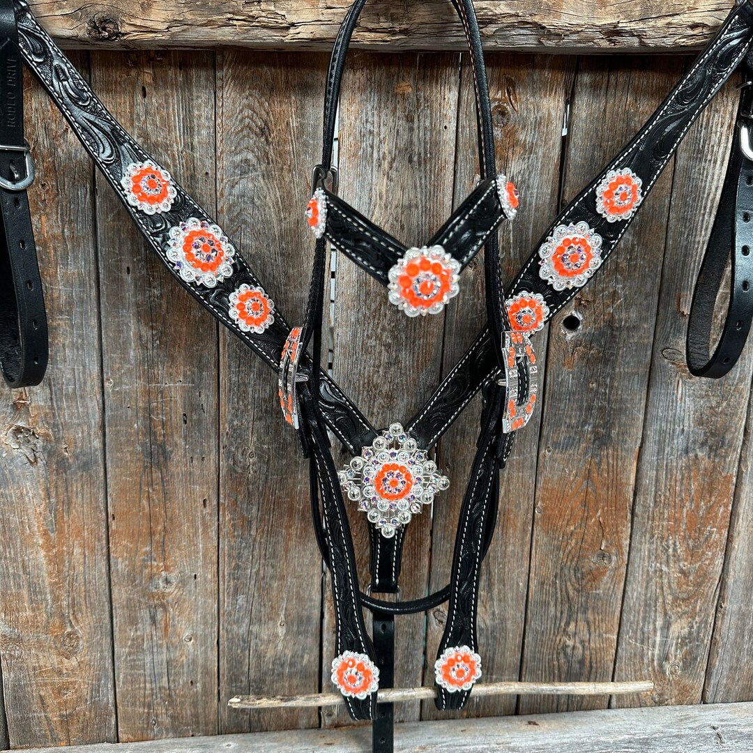 Black Floral Neon Orange Browband / Breastcollar Tack Set - Etsy