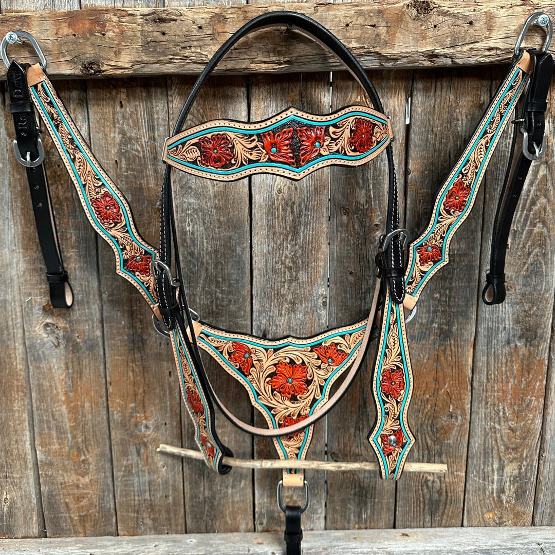 Turquoise and Rust Triangle Headstall/ Gladiator Breastcollar Tack Set ...