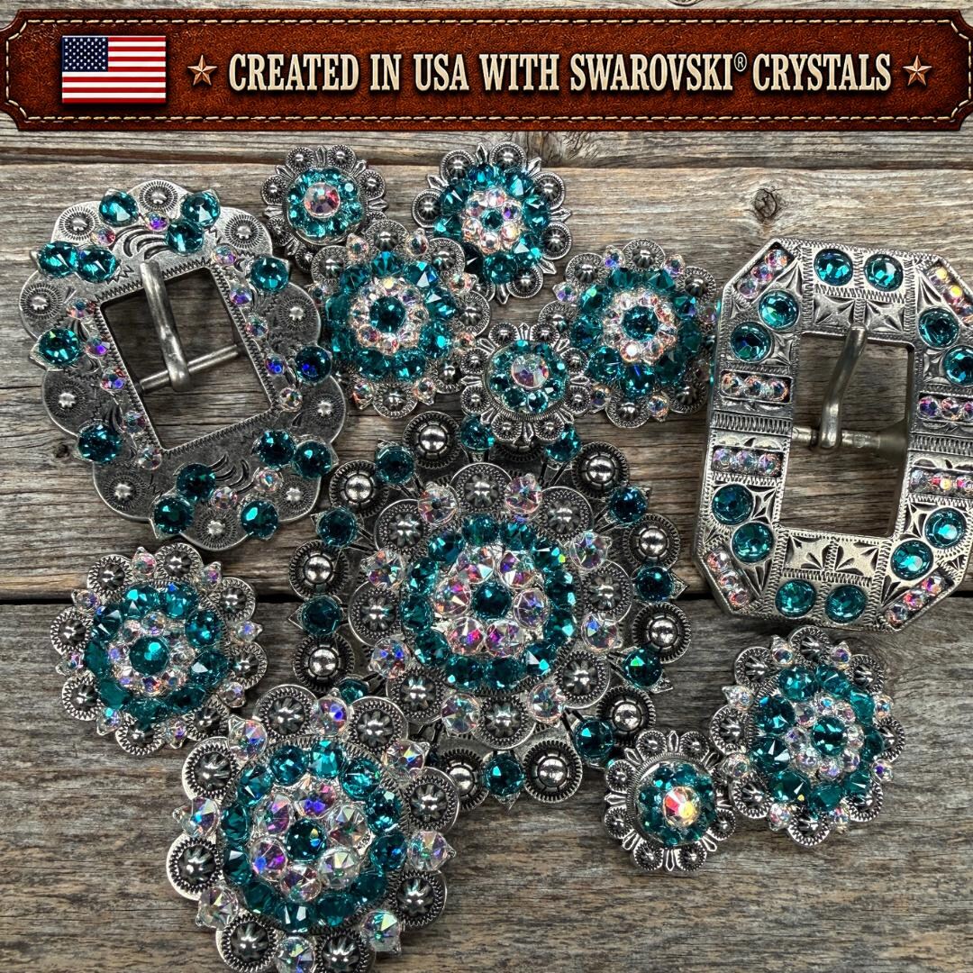 Antique Silver Teal - AB Crystal Conchos | Sizes 1