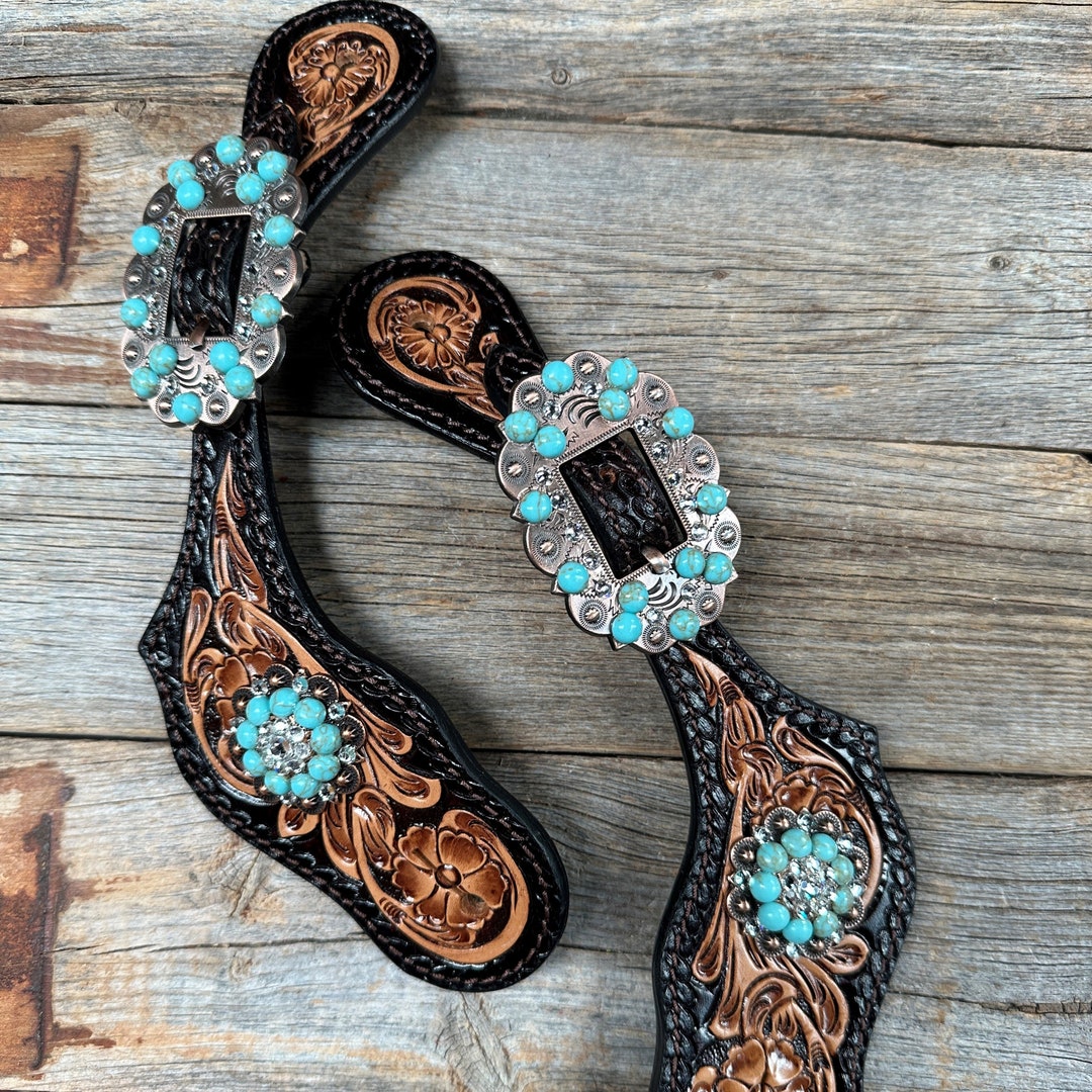 Two Tone Floral Spur Straps Copper Turquoise & Clear Crystal Conchos ...