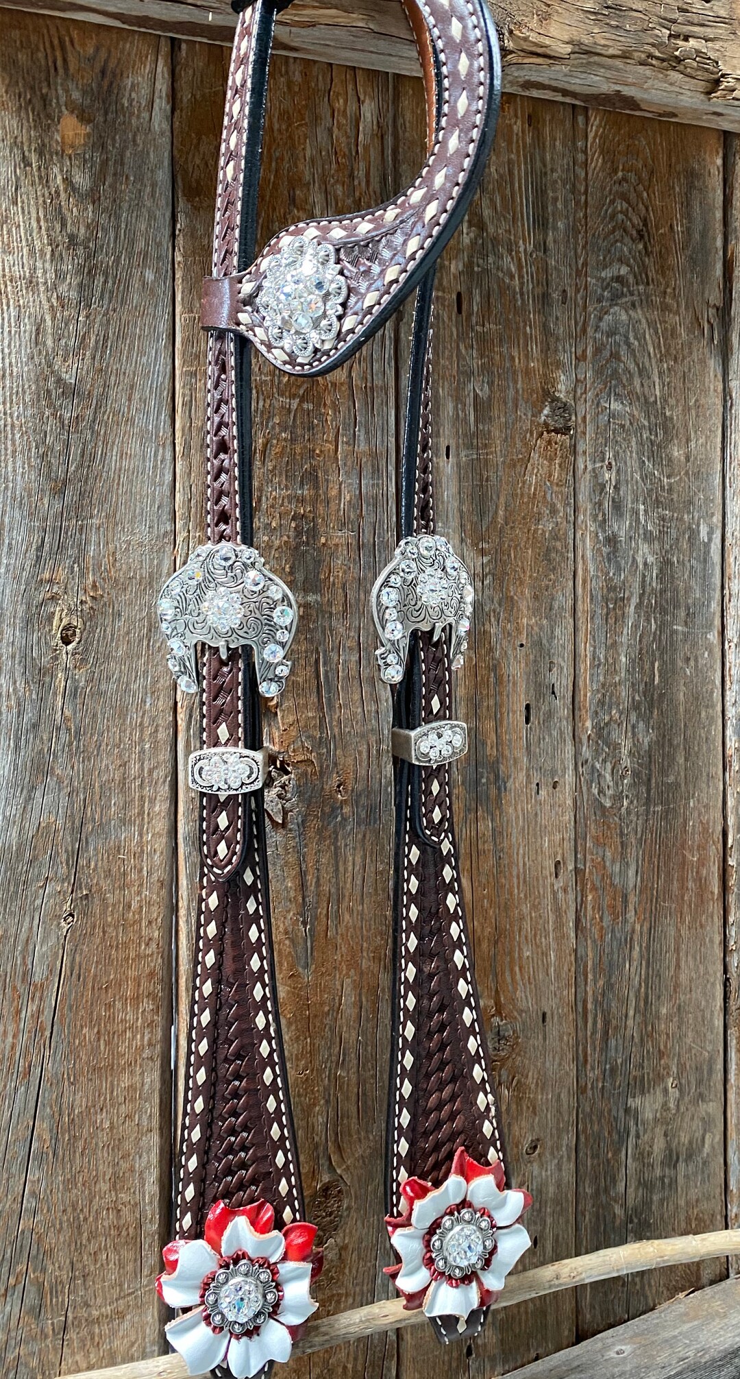 Buckstitch Headstall / Bridle White & Red Flowers OE150 for - Etsy