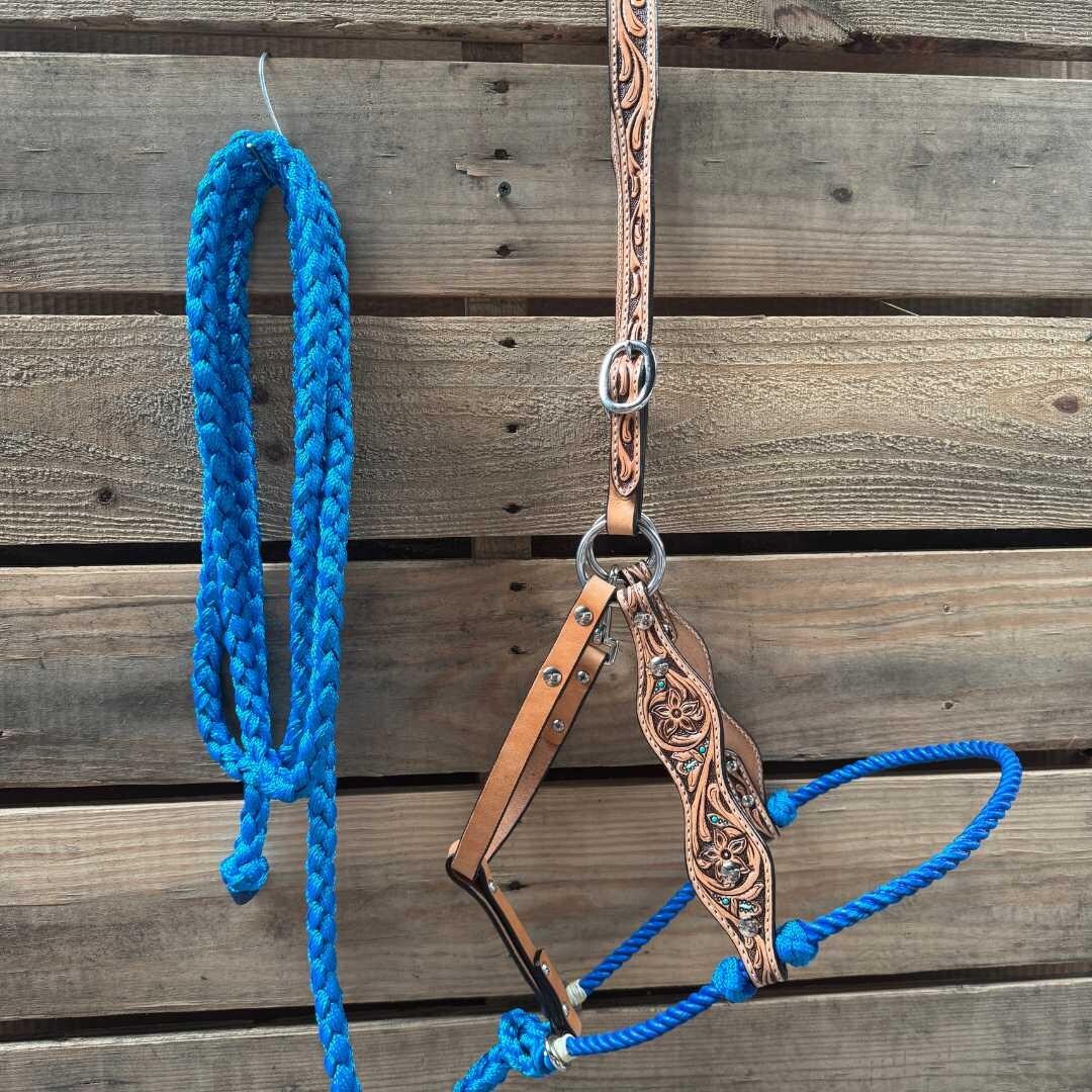 Blue Floral Tooled Lariat & Leather Combo Halter - Etsy