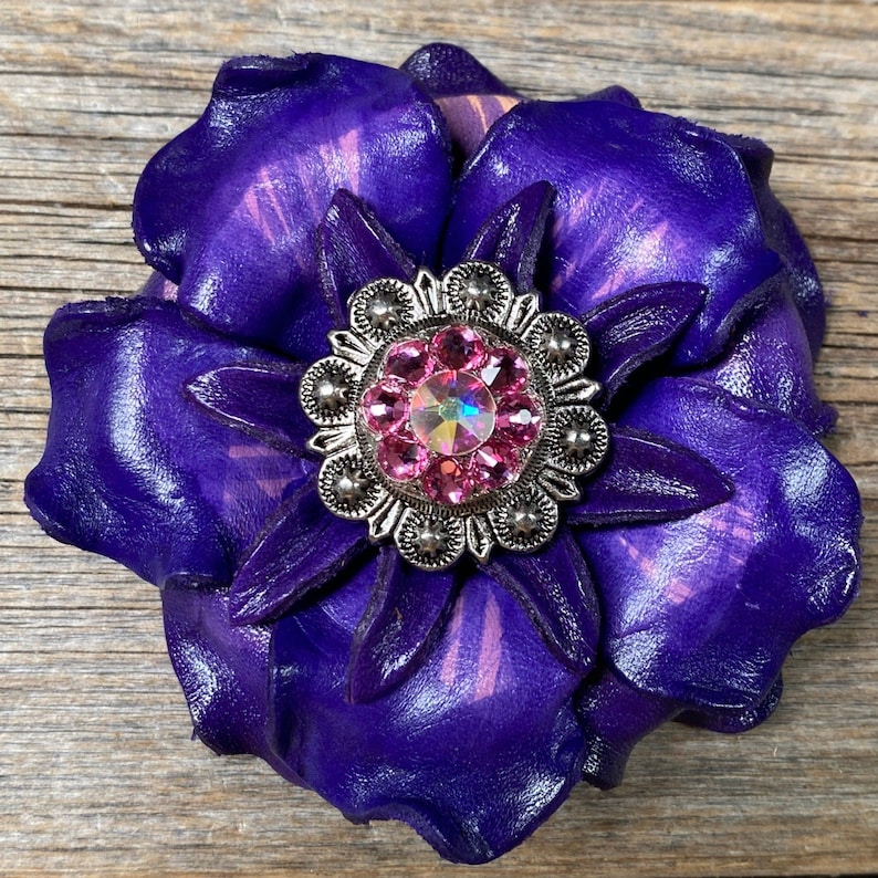 Purple Gardenia Leather Flowers - 1" Crystal Conchos - Options - Etsy