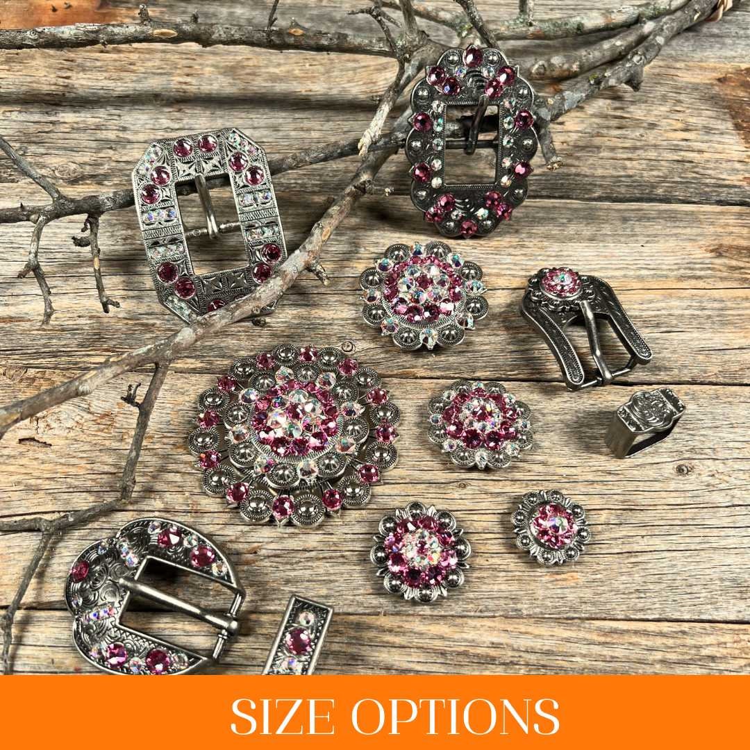 Antique Silver Pink, AB Crystal Conchos - Sizes From 1