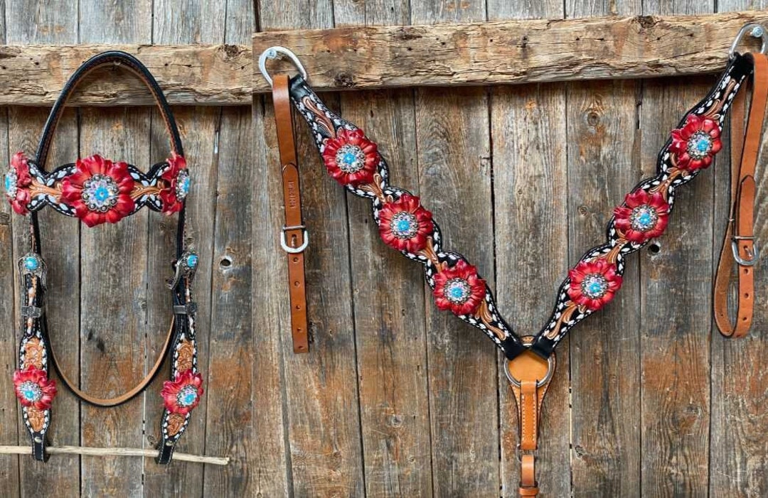 Classic Red and Turquoise Browband / One Ear Tack Set BBBC436 - Etsy
