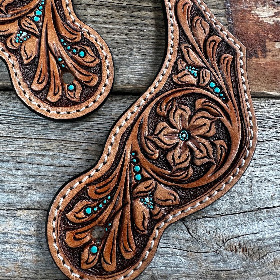 Floral and Teal Dot Tooled Spur Straps - Etsy