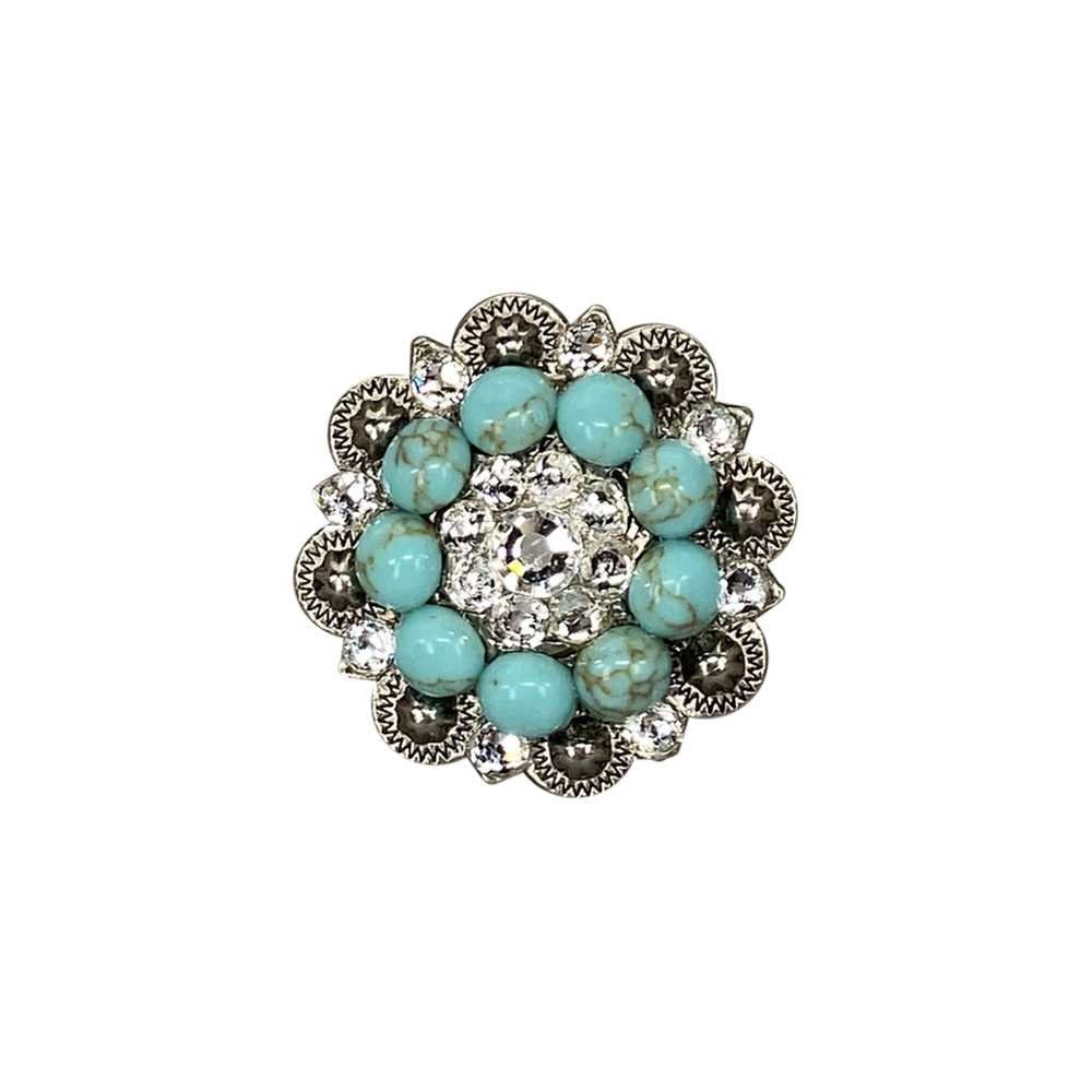 Antique Silver Turquoise, Clear Crystal Conchos - Sizes From 1