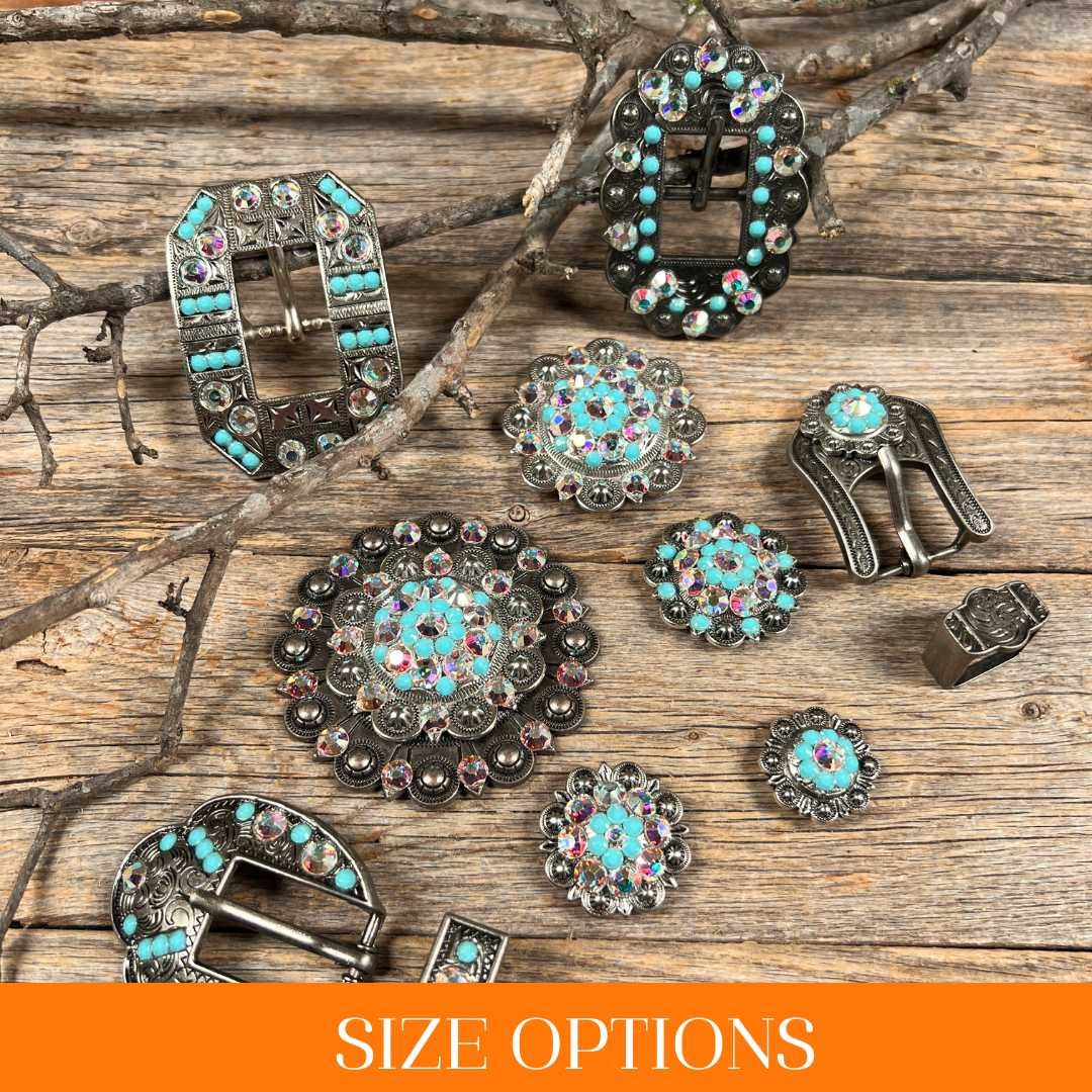 Antique Silver Turquoise, AB Crystal Conchos - Sizes From 1