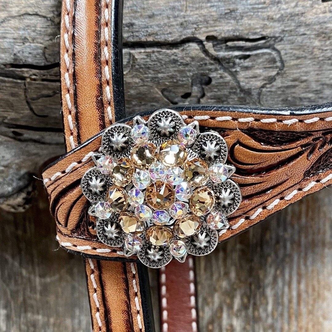 One Ear Headstall / Bridle - Gold Flower & European Crystal Conchos # ...