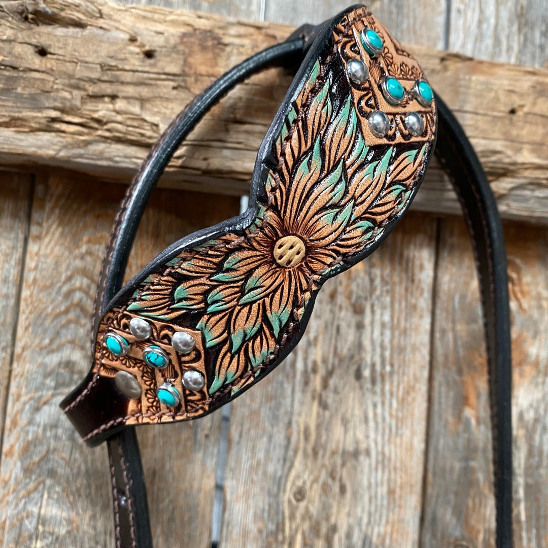 Two Tone Hand Painted Floral Turquoise One Ear Headstall / Bridle FK127 ...