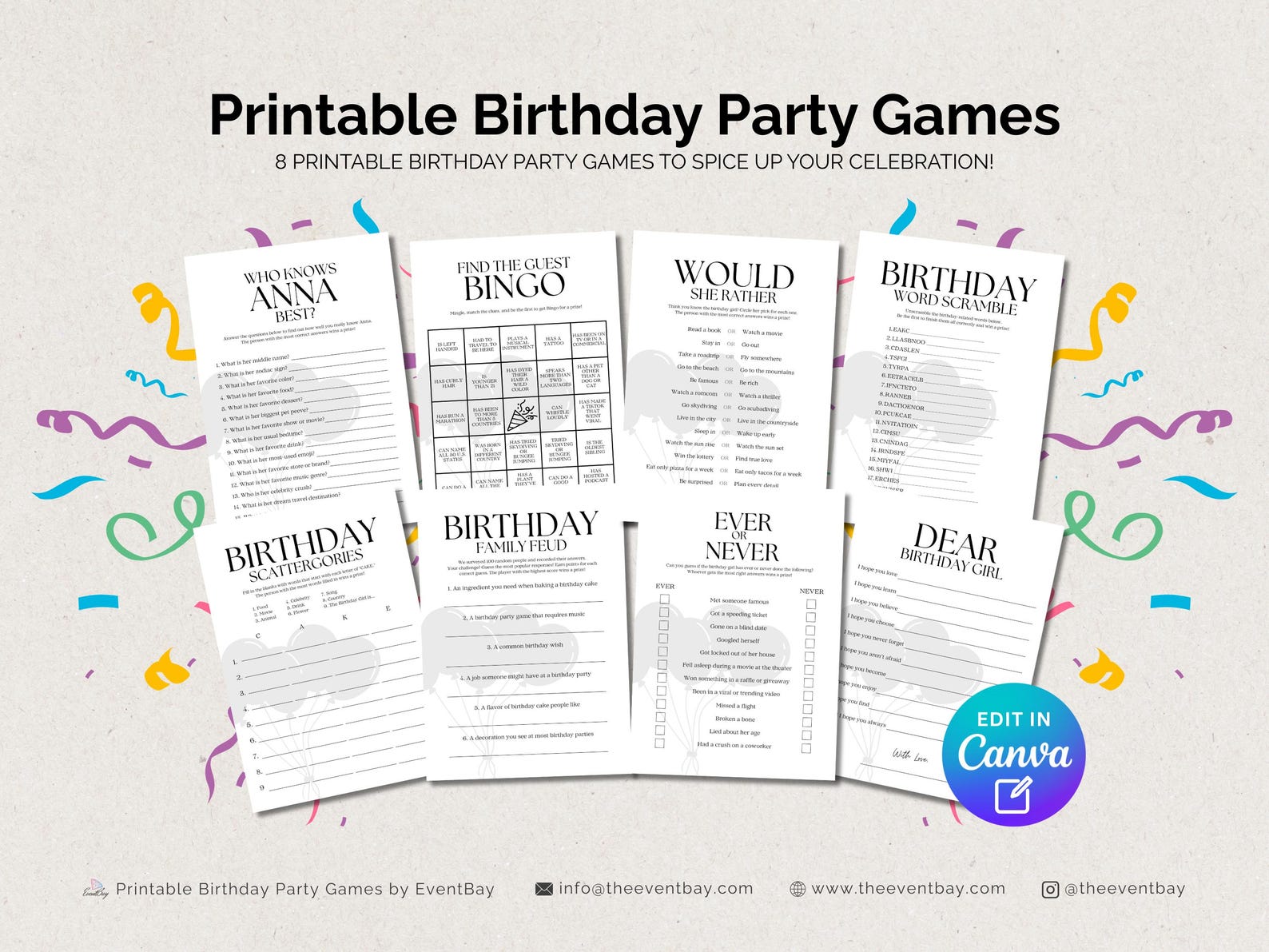 Birthday Party Games Bundle: 8 Fun Printable Activities (digital ...