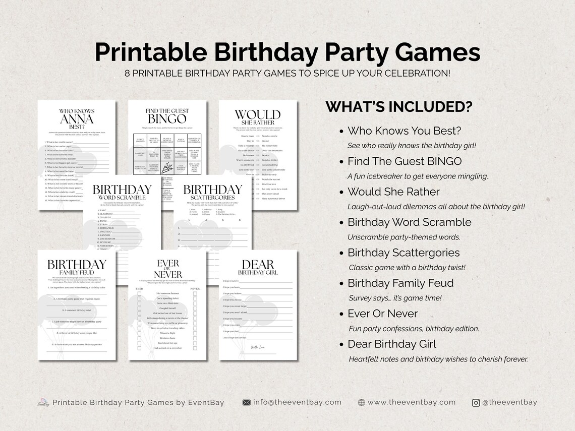 Birthday Party Games Bundle: 8 Fun Printable Activities (digital ...