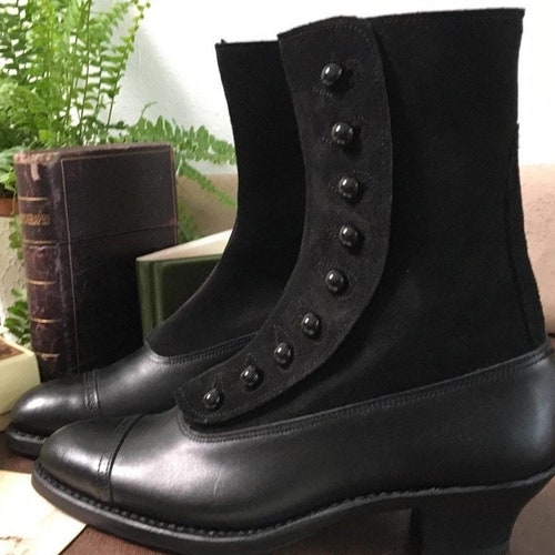 Black Leather & Black Suede Victorian Ladies BUTTON Boots - Etsy