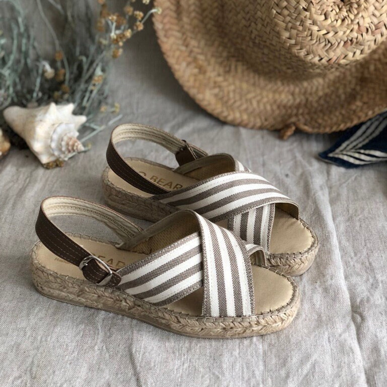 Oyster Pebble Stripe Sling Back Espadrilles Sandals - Etsy