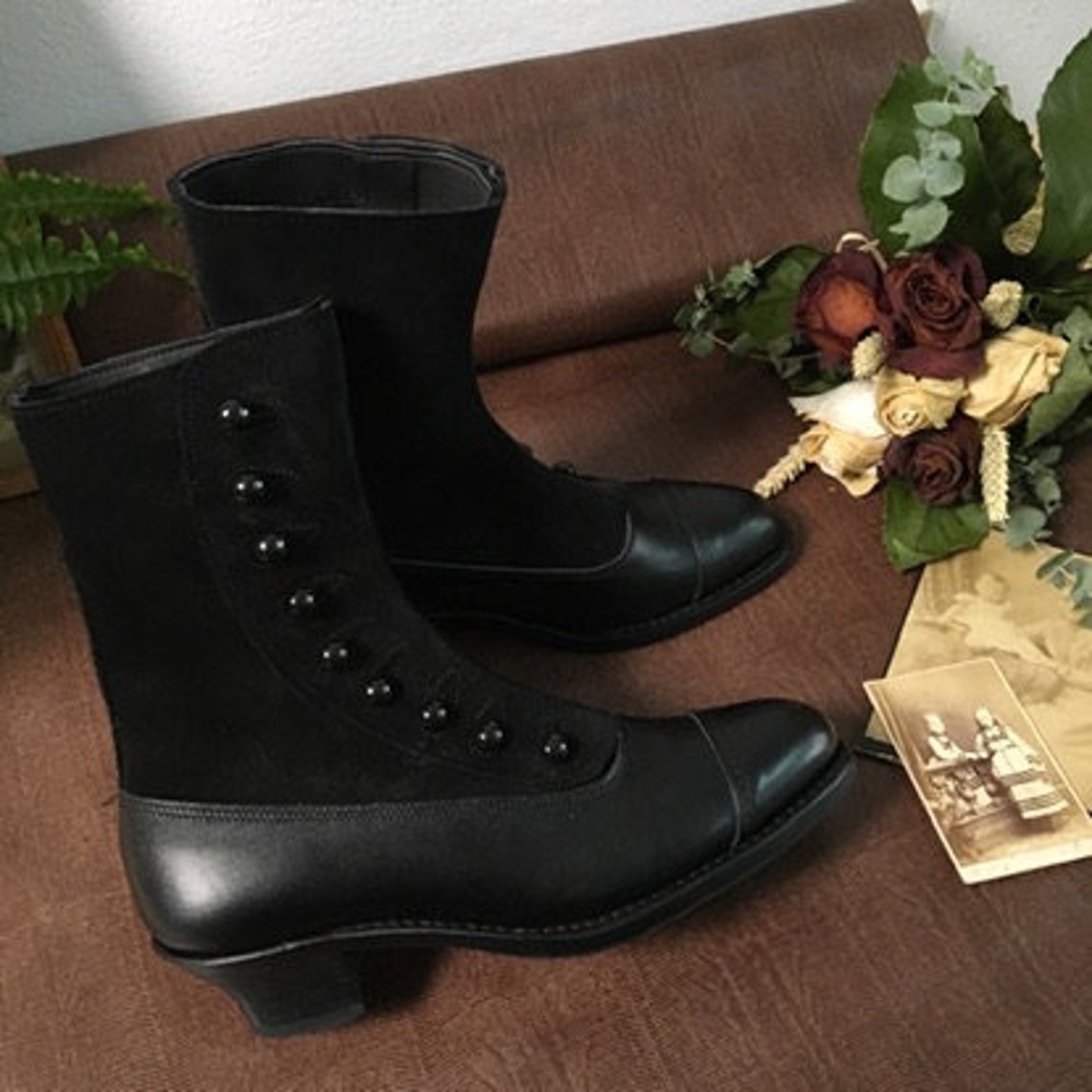 Black Leather & Black Suede Victorian Ladies BUTTON Boots - Etsy