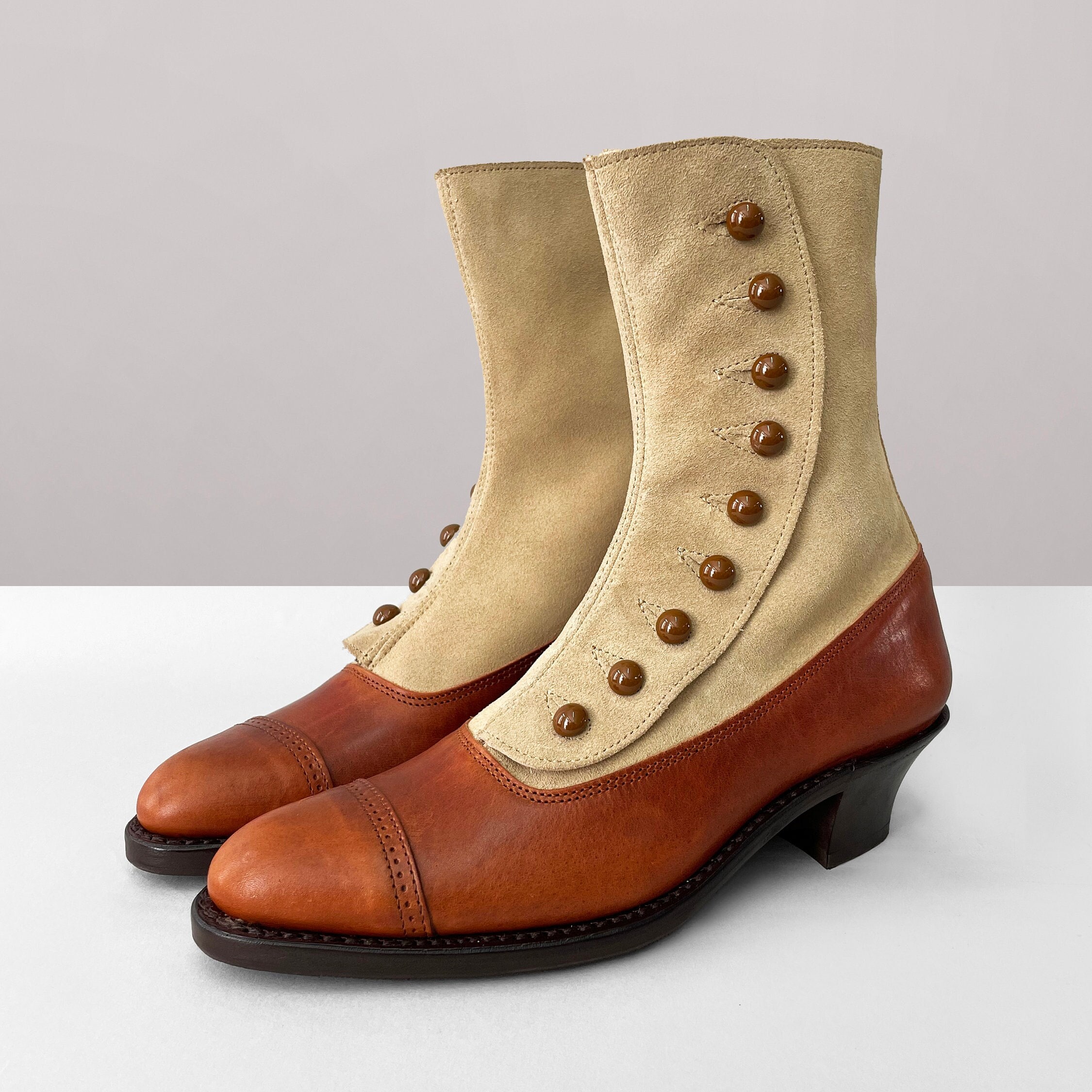 Ginger Tan & Cream suede Victorian Ladies BUTTON Boots — JoBear.Boots