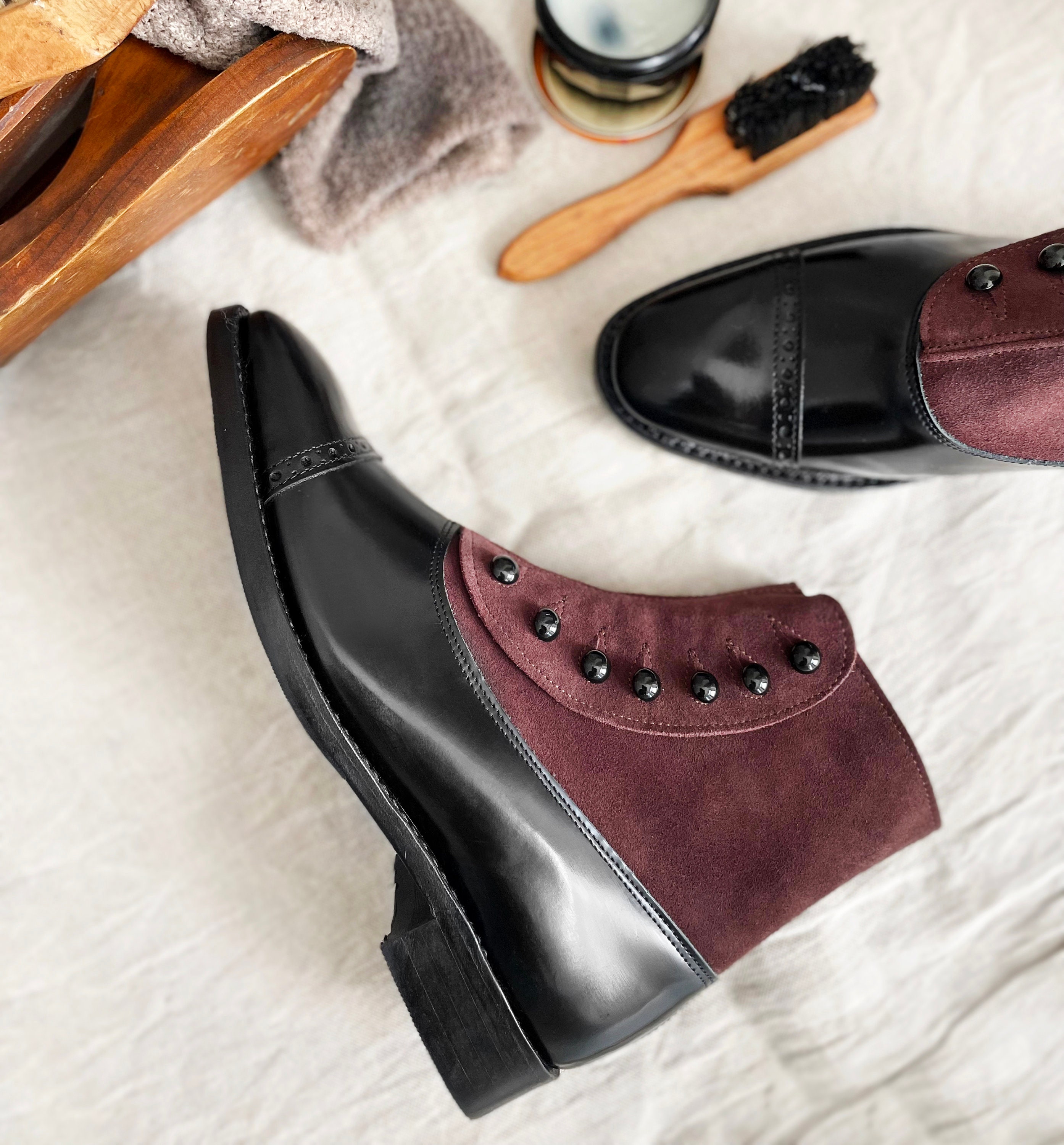 Black Leather and Aubergine Suede Victorian Men's Button Boots — JoBear ...