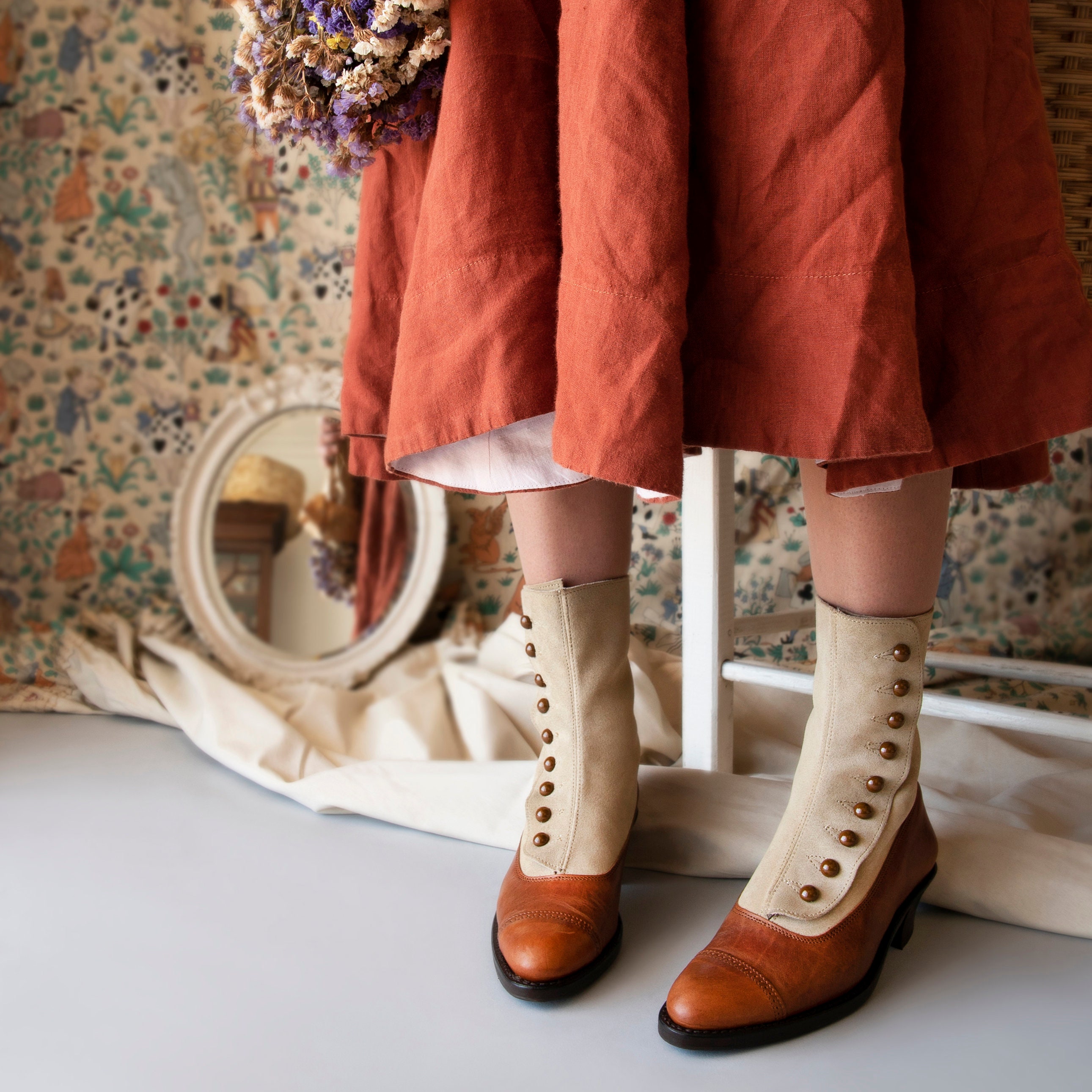 Ginger Tan & Cream suede Victorian Ladies BUTTON Boots — JoBear.Boots