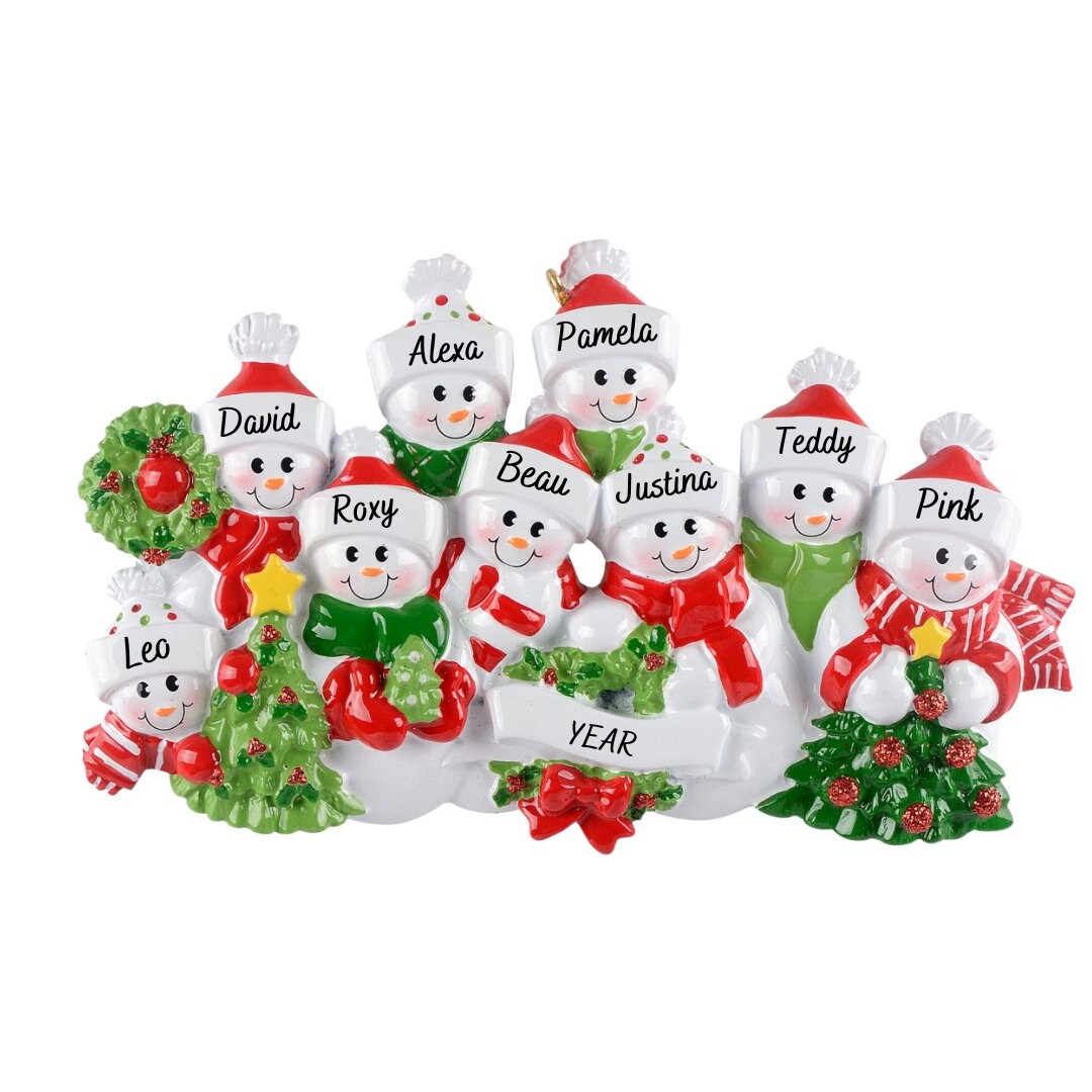 Family of 9 - 9 Snowmen by Lamp Post Personalized Ornament - Snowman ...