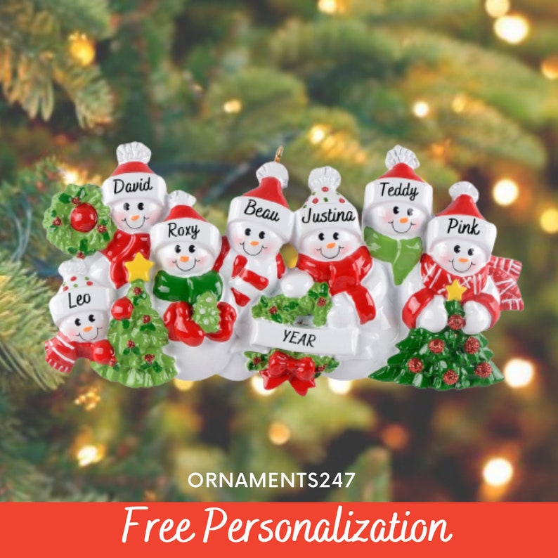 Family of 7 - 7 Snowmen by Lamp Post Personalized Ornament - Snowman ...