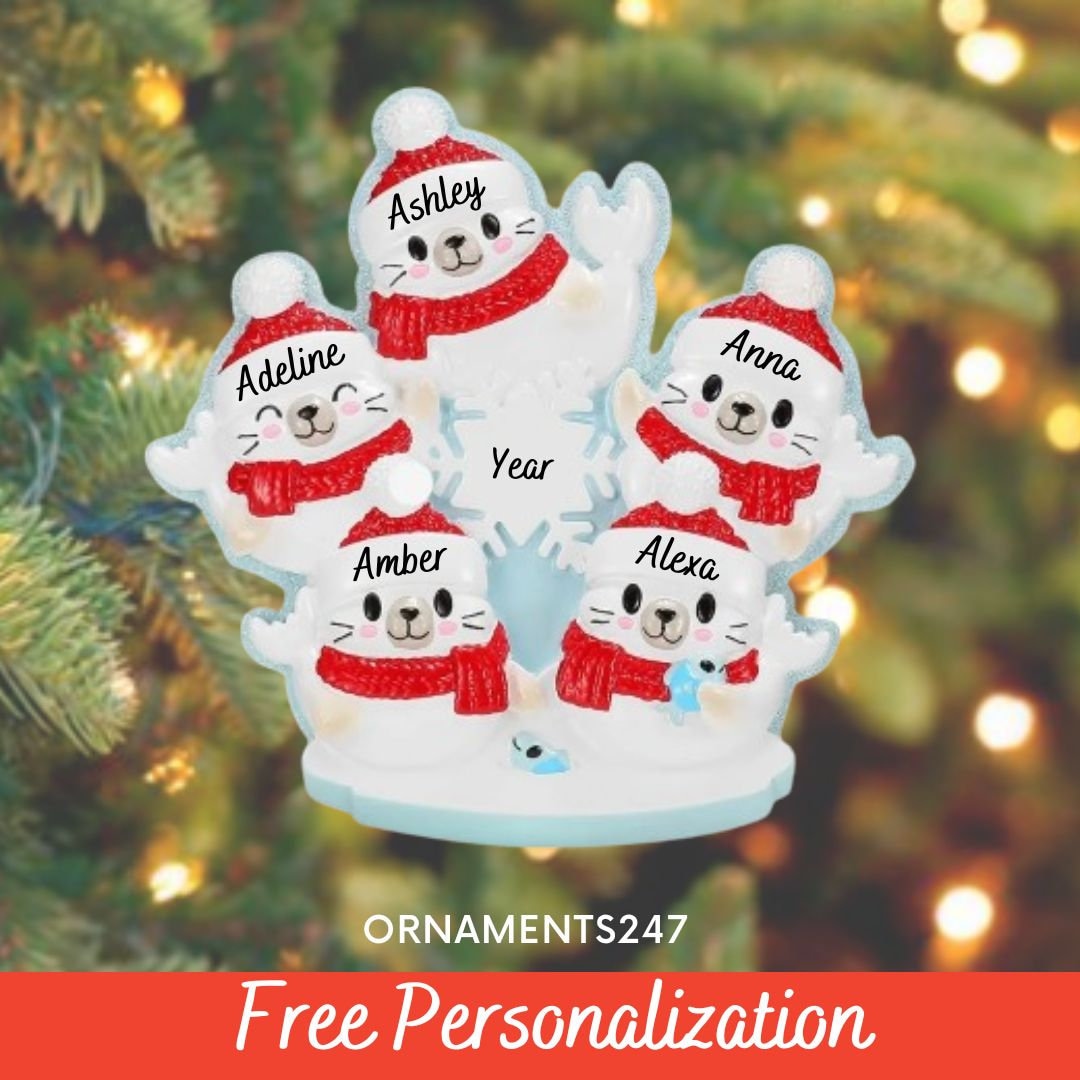 Personalized Seal Family Ornament - 5 Arctic Seals With Red Scarves ...