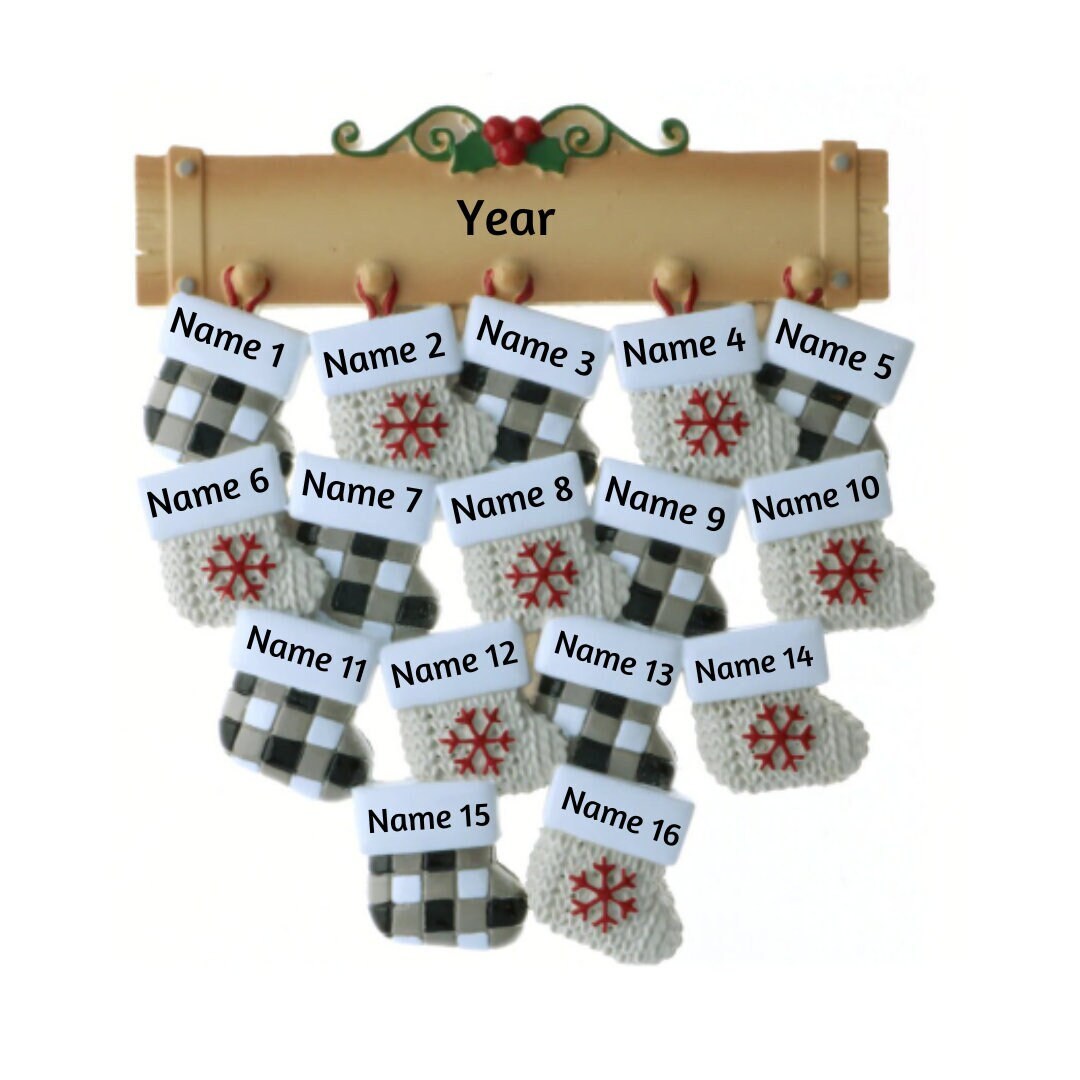 Personalized Stockings Mantle Family Ornament, 16 Stockings Hanging on ...