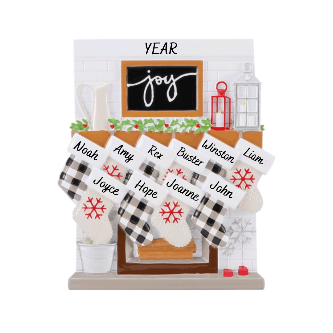 Personalized Stocking Mantle Family Ornament - 10 Stockings Hanging on ...