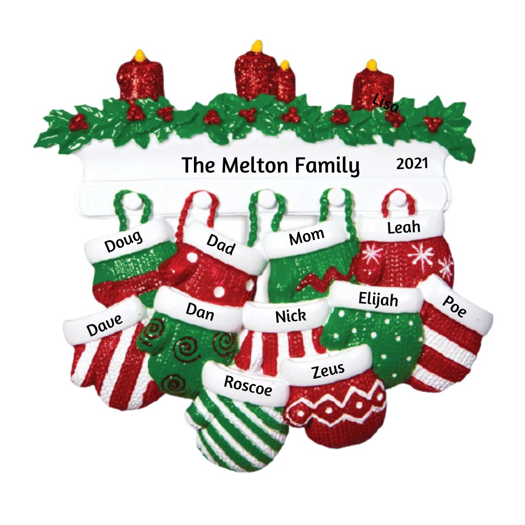 Personalized Mittens on Mantle Family Ornament - 11 Mittens on the ...