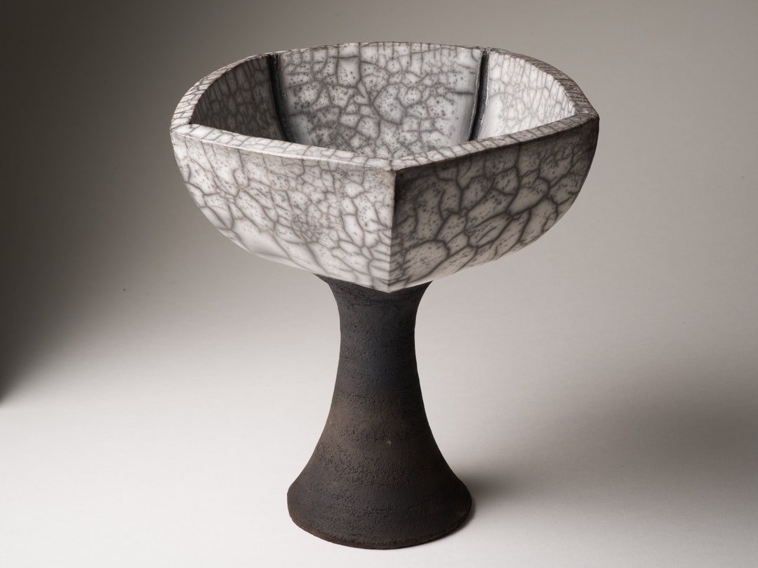 Black and White Hand Built Naked Raku Pedestal Bowl. Signed IF on the ...